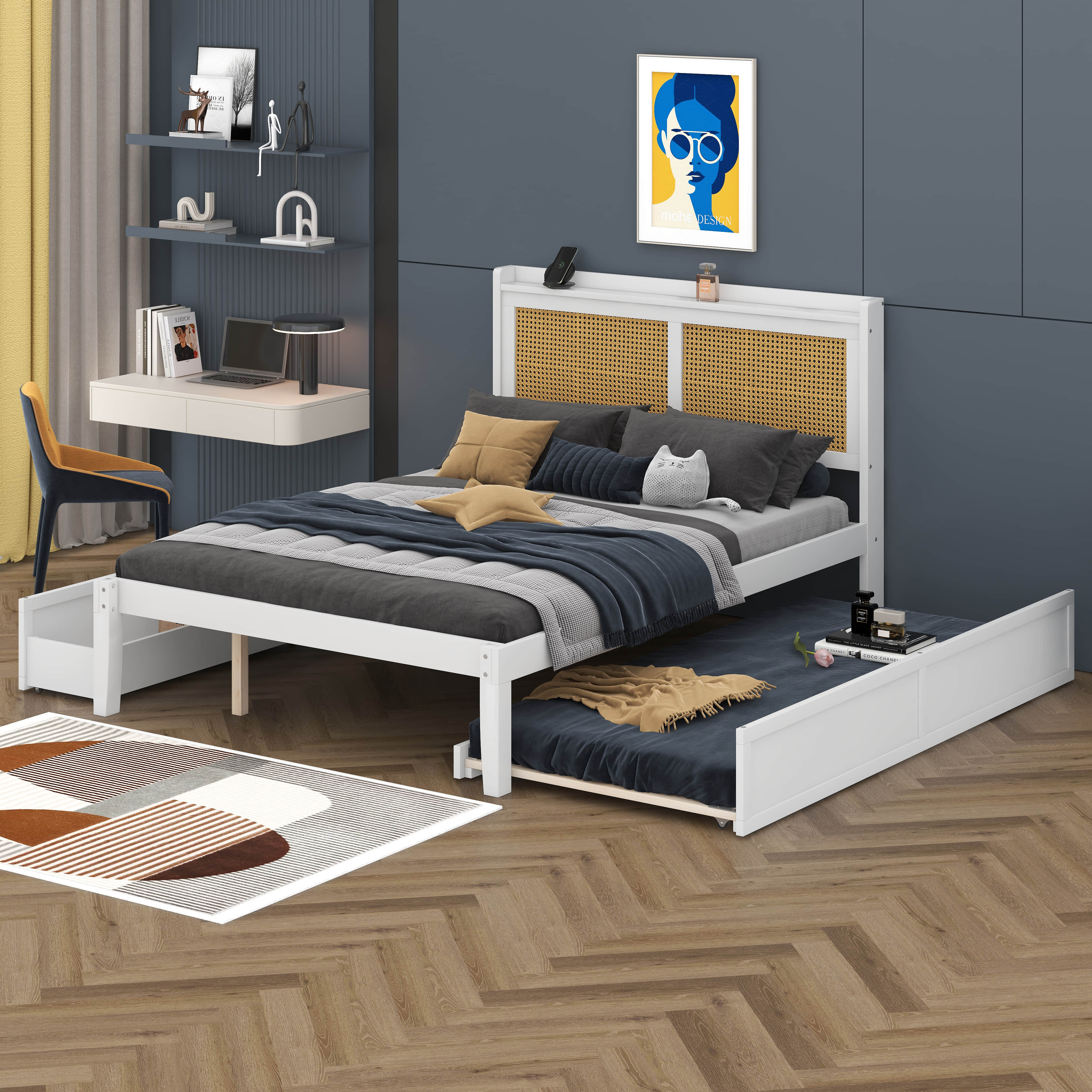 BEBPILOO Queen Size Elegant Bed Frame with Rattan Headboard and Sockets ...
