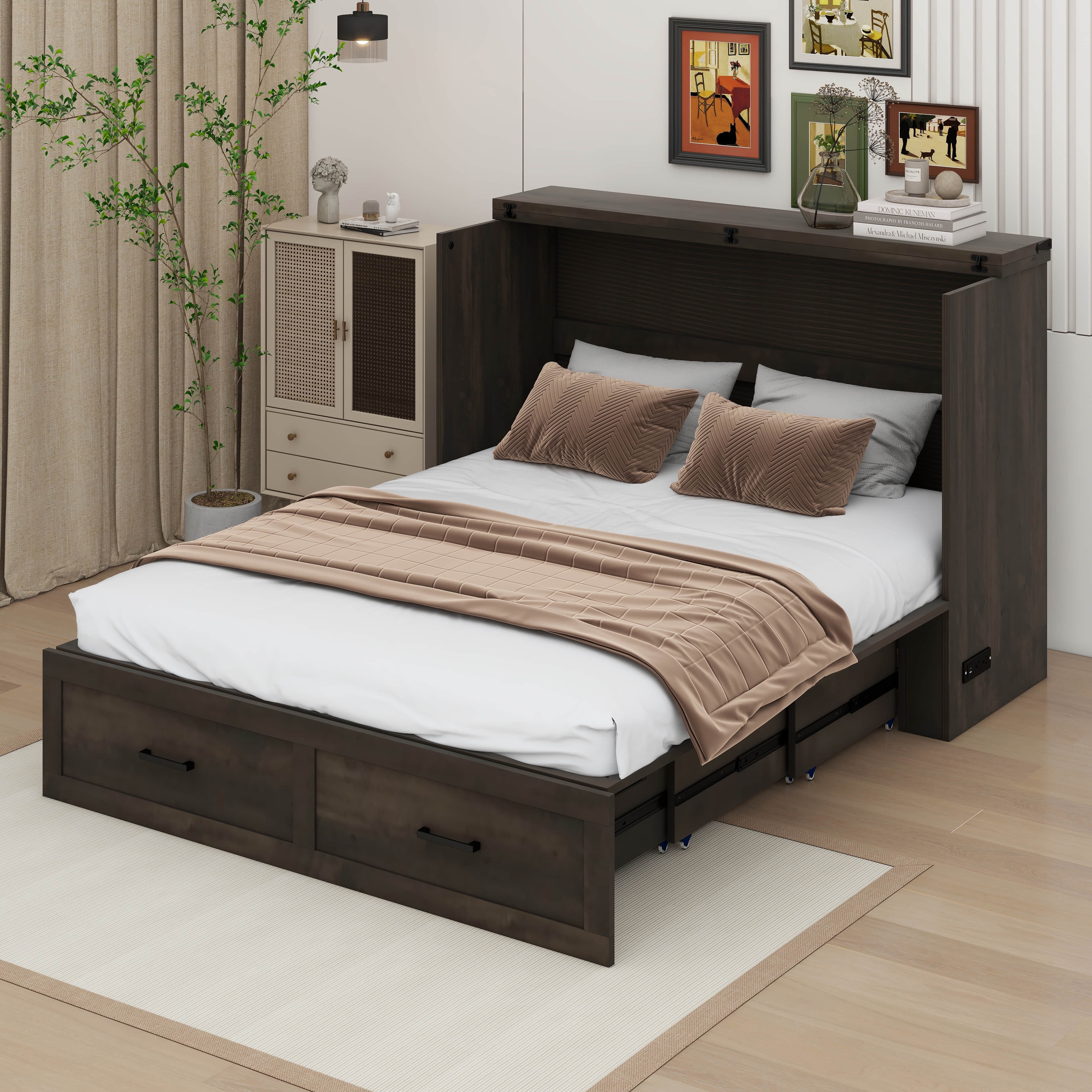 BEBPILOO Queen Size Farmhouse Murphy Cabinet Bed with Charging Station ...