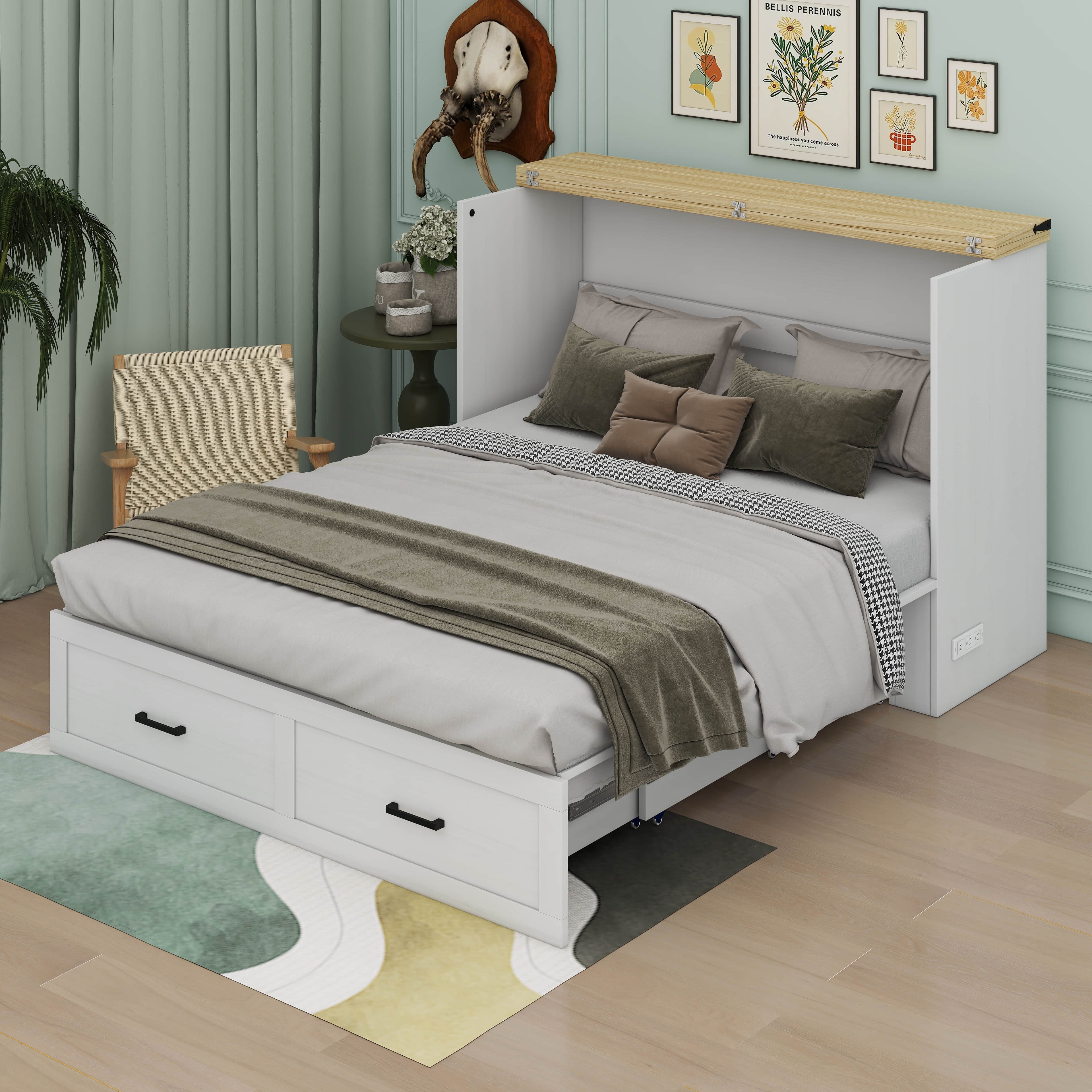 BEBPILOO Queen Size Farmhouse Murphy Cabinet Bed with Charging Station ...