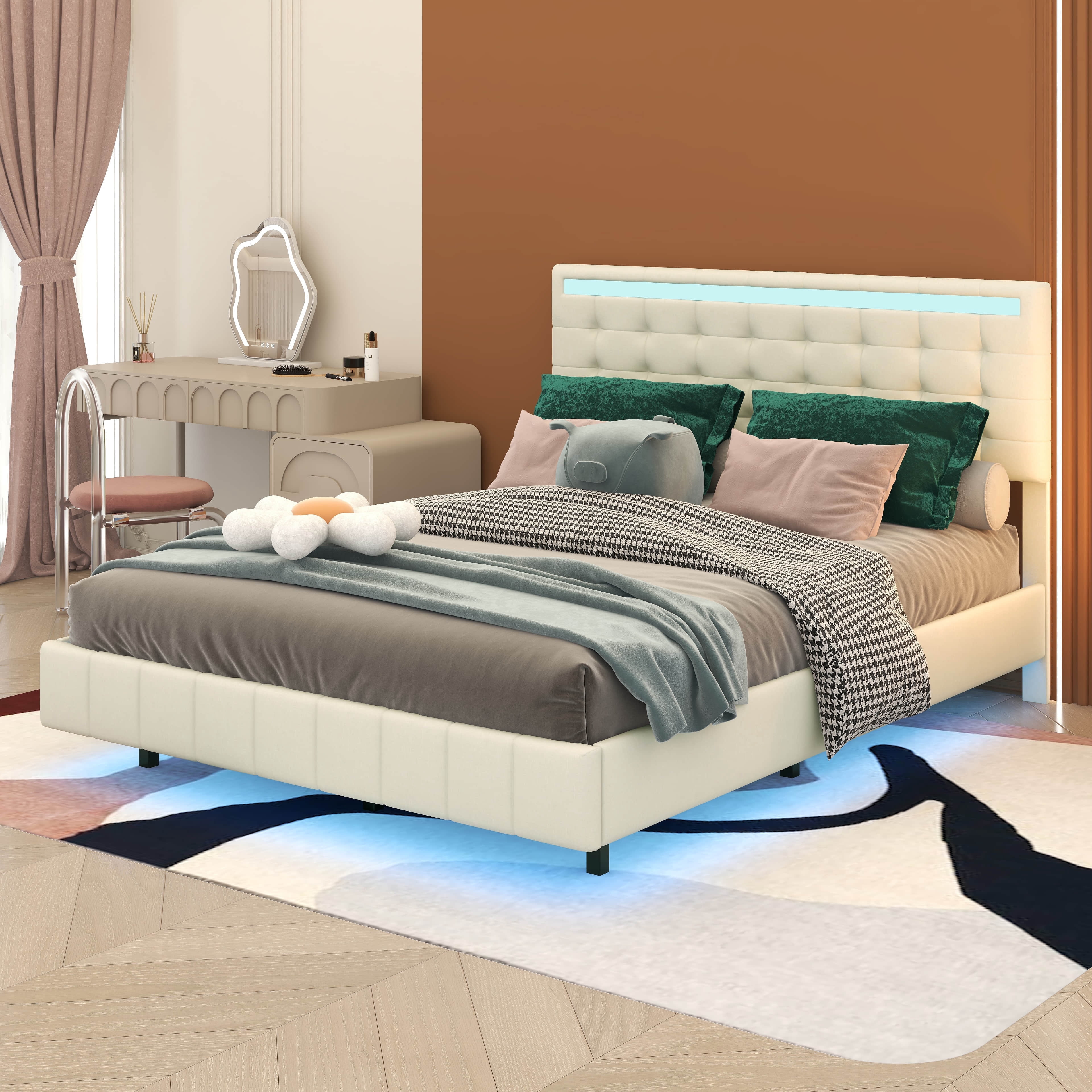 BEBPILOO Queen Size Floating Bed Frame with LED Lights and USB Charging ...