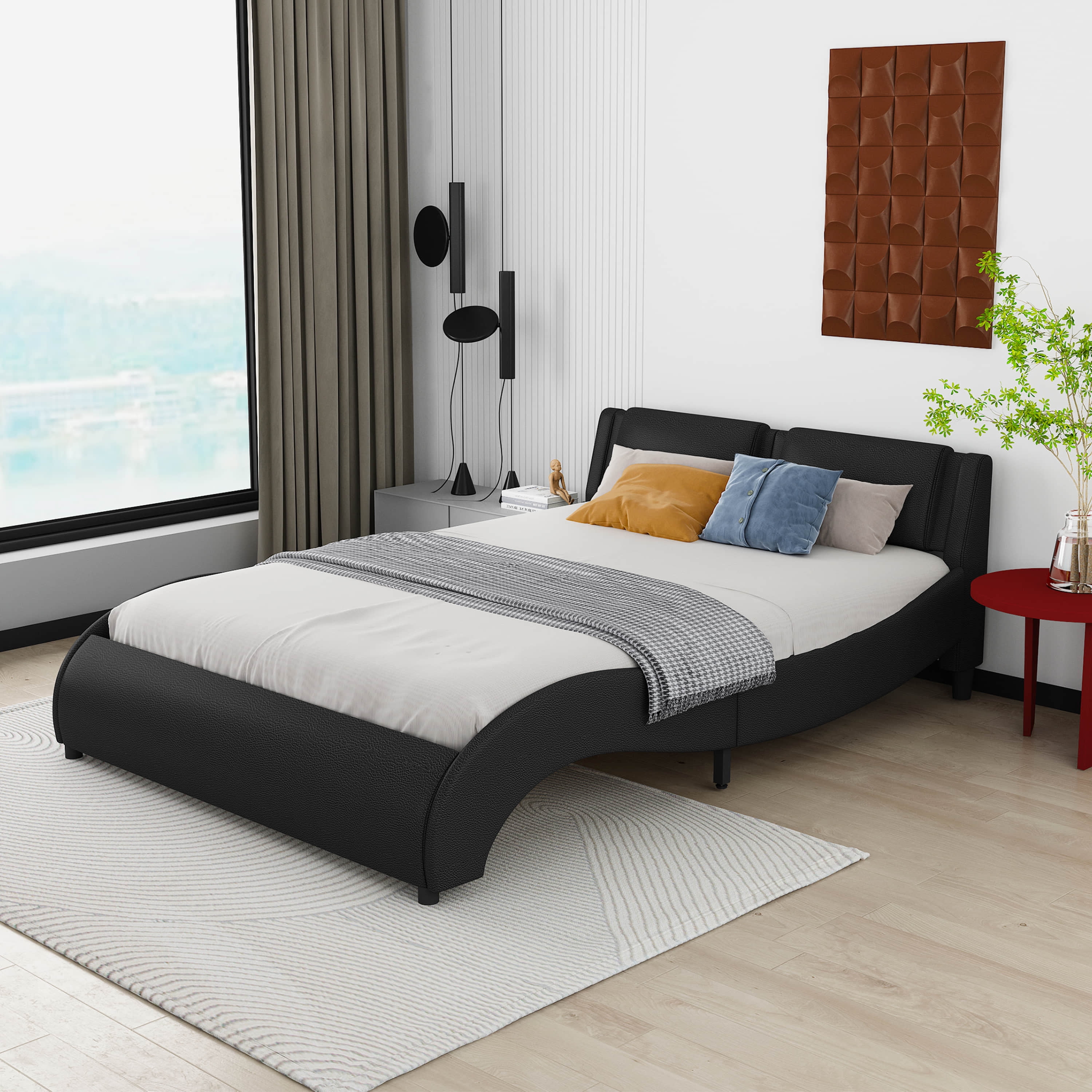 BEBPILOO Queen Size Upholstered Faux Leather Platform Bed with LED ...