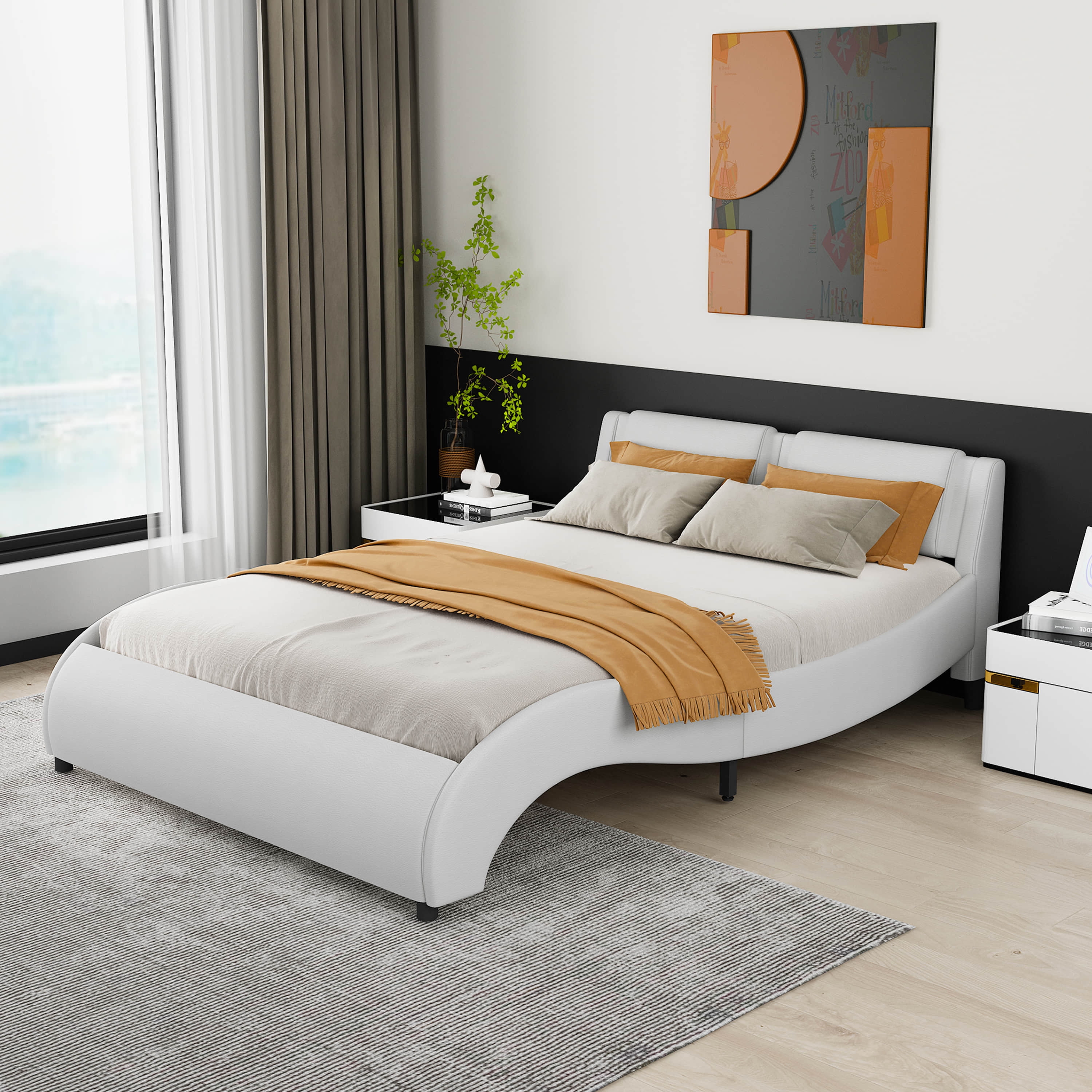 BEBPILOO Queen Size Upholstered Faux Leather Platform Bed with LED ...