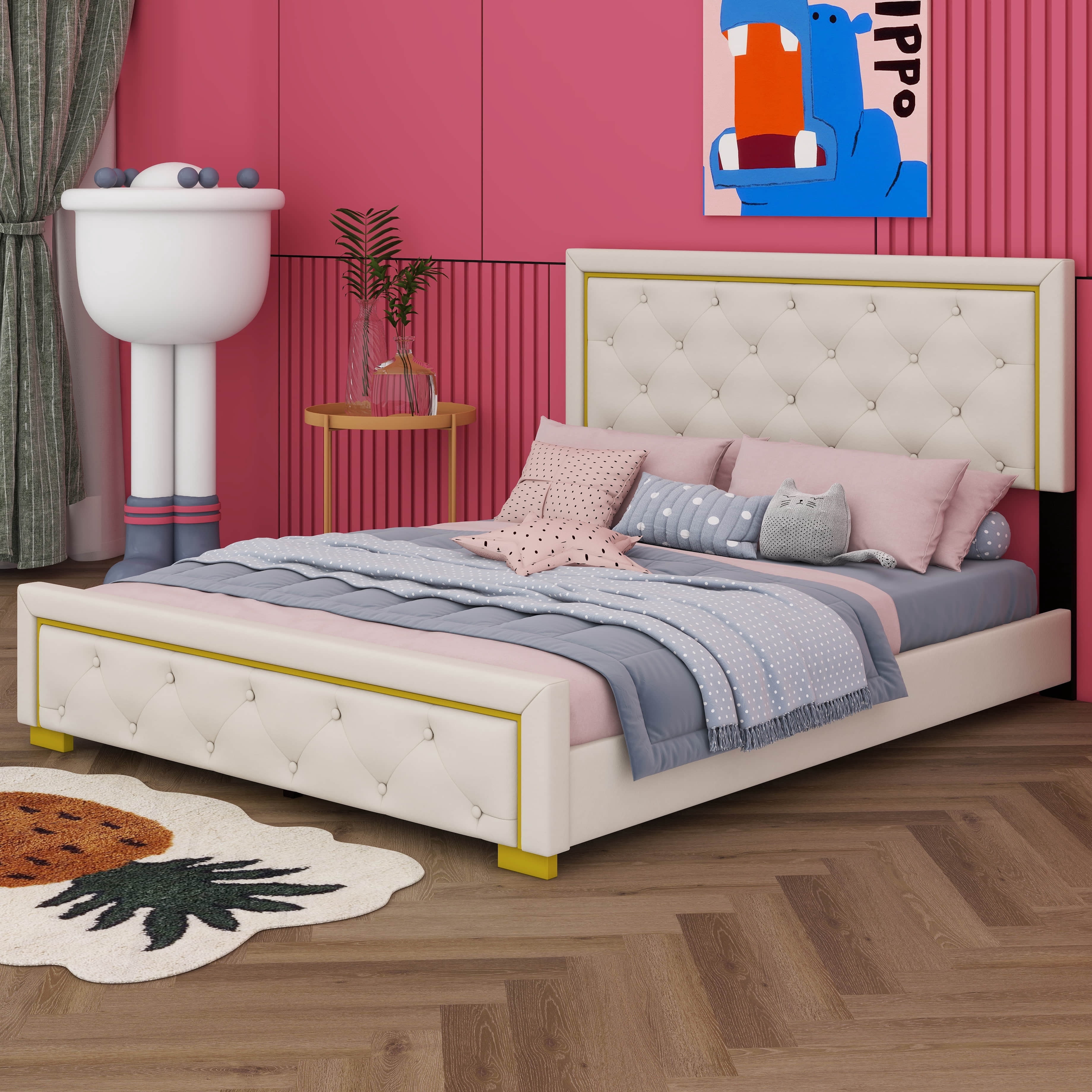 BEBPILOO Queen Size Upholstered Platform Bed With Pull Point Headboard ...