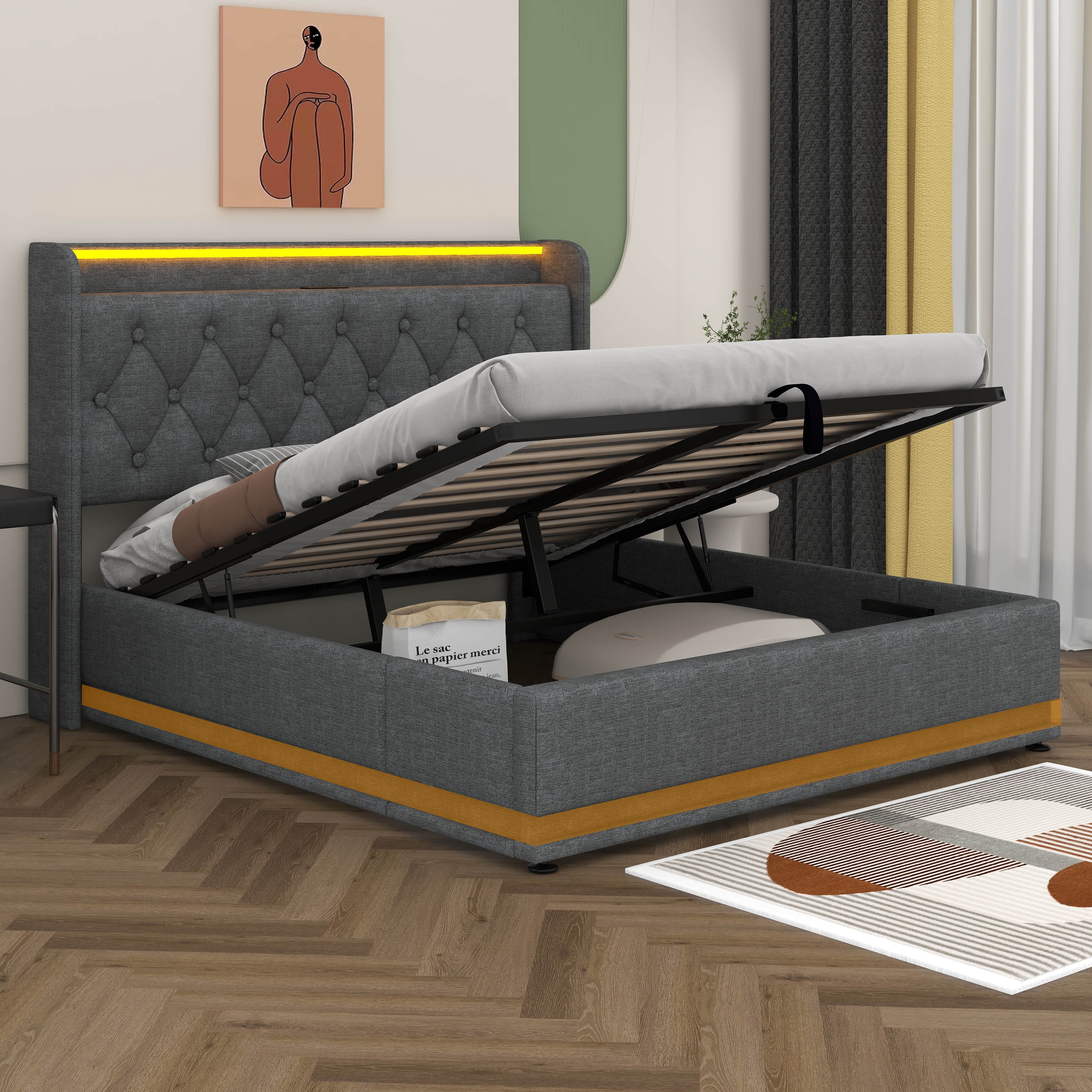 BEBPILOO Queen Size Upholstered bed, 360 surround LED function, Buttons ...