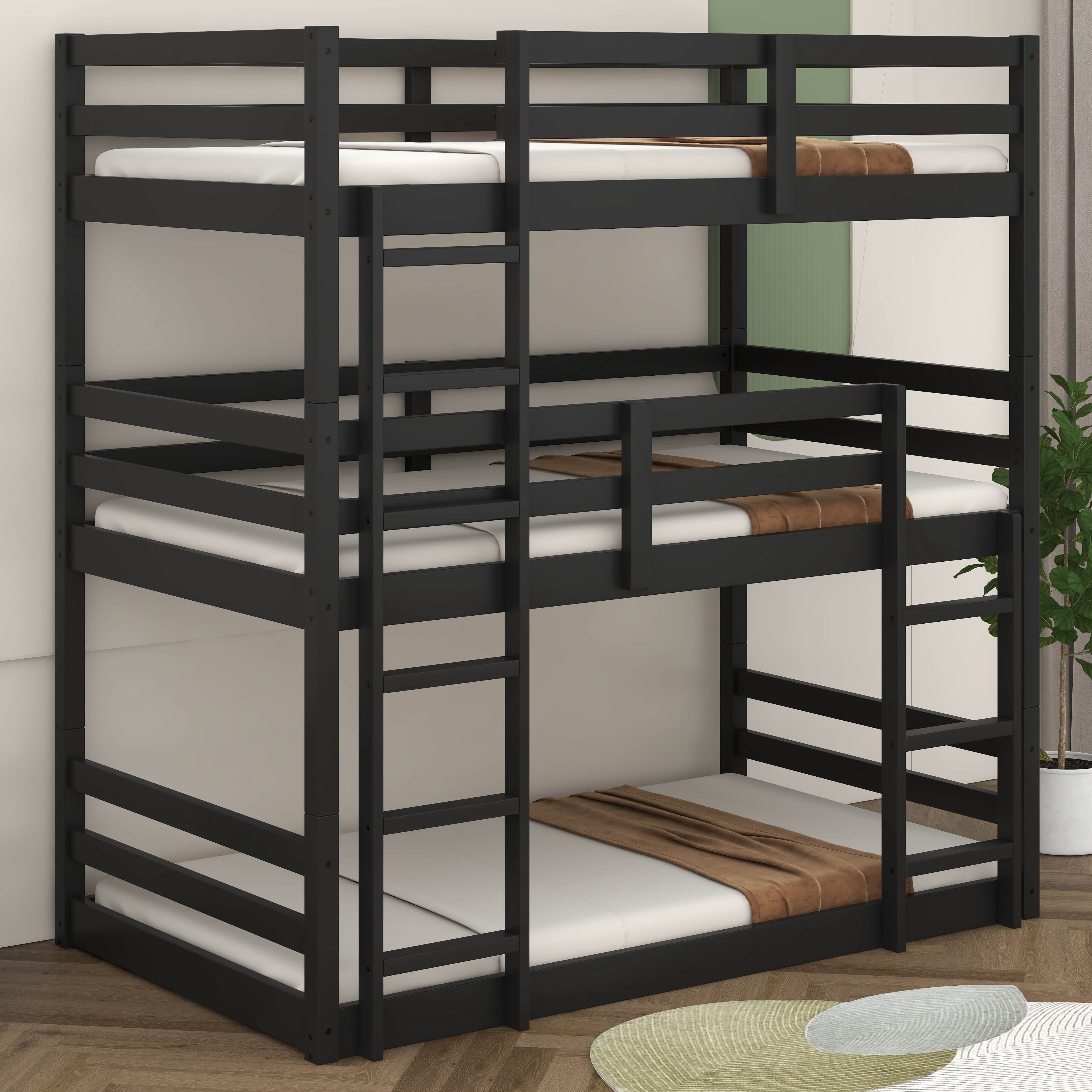 BEBPILOO Triple Rubber Wood Bunk Bed with Two Built-in Ladders ...