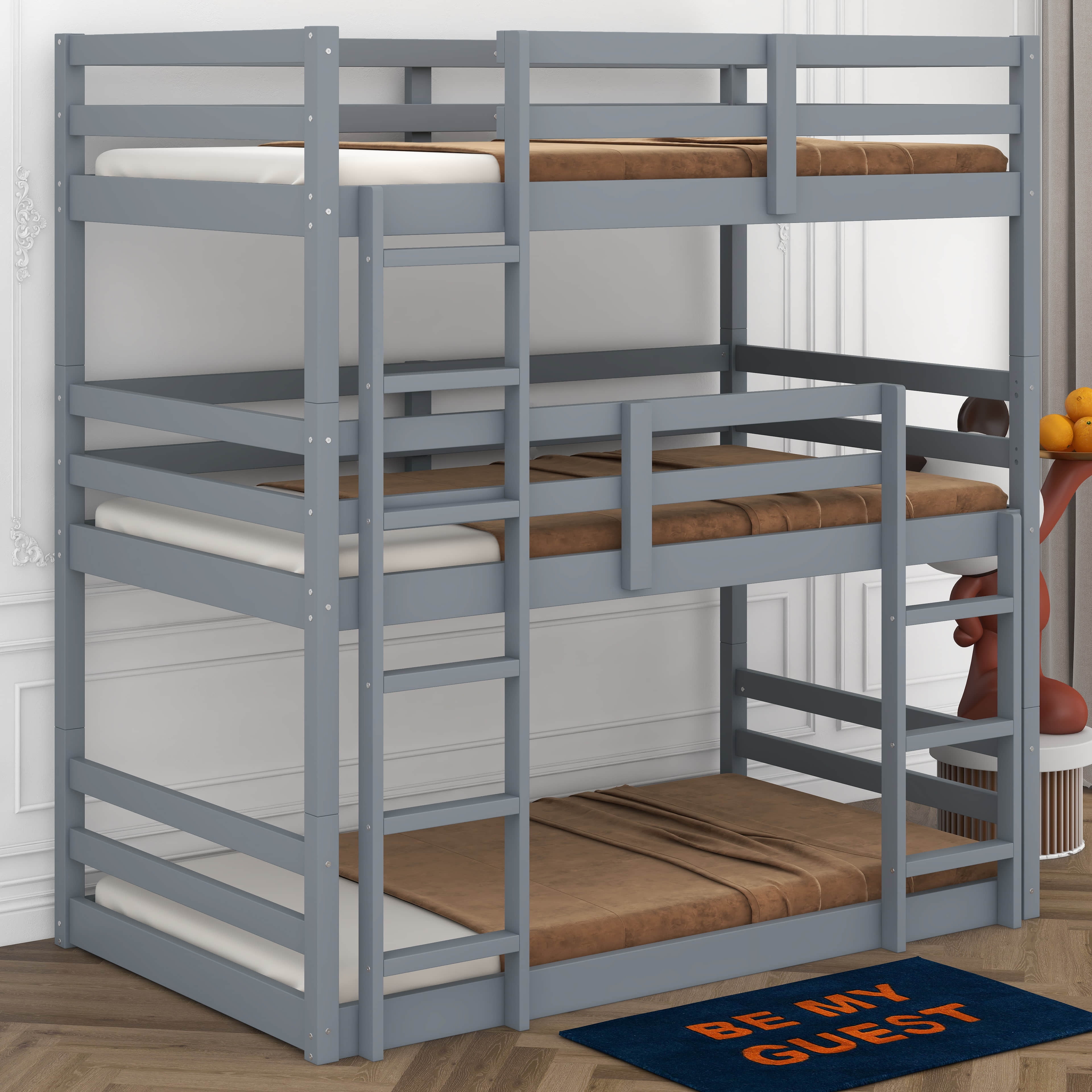 BEBPILOO Triple Rubber Wood Bunk Bed with Two Built-in Ladders ...