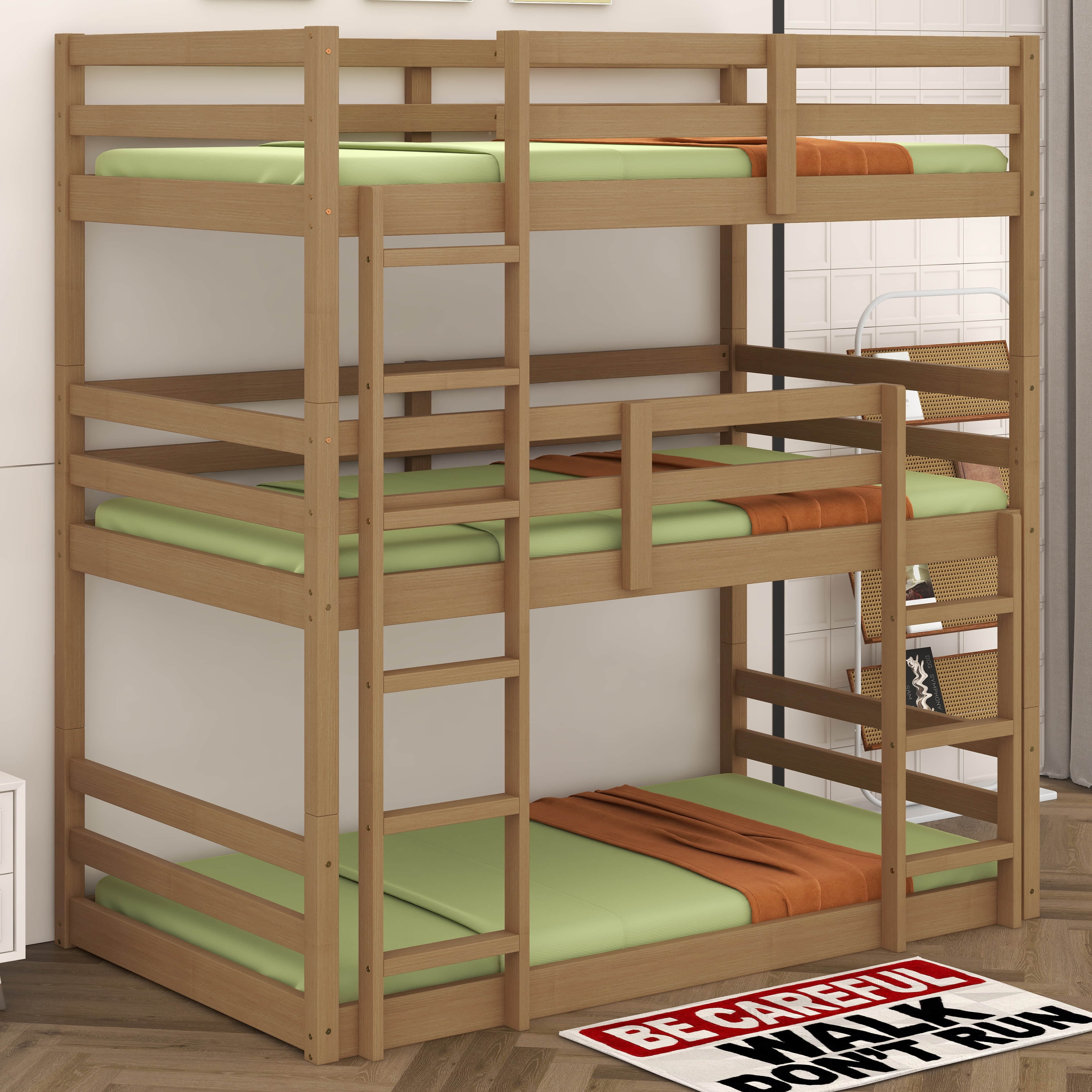 BEBPILOO Triple Rubber Wood Bunk Bed with Two Built-in Ladders ...