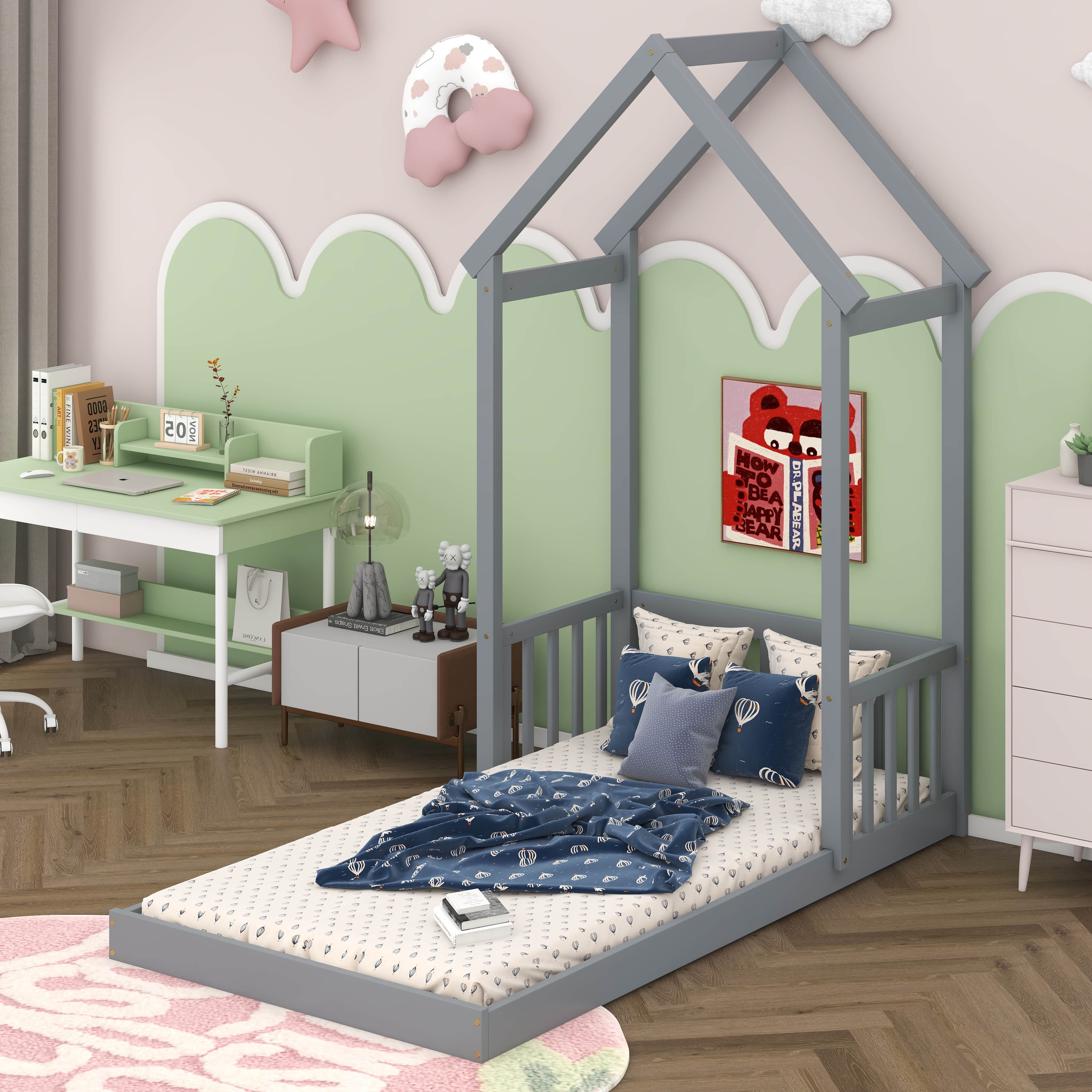 BEBPILOO Twin House-shaped Roof Headboard Floor Bed,(Without Slats ...