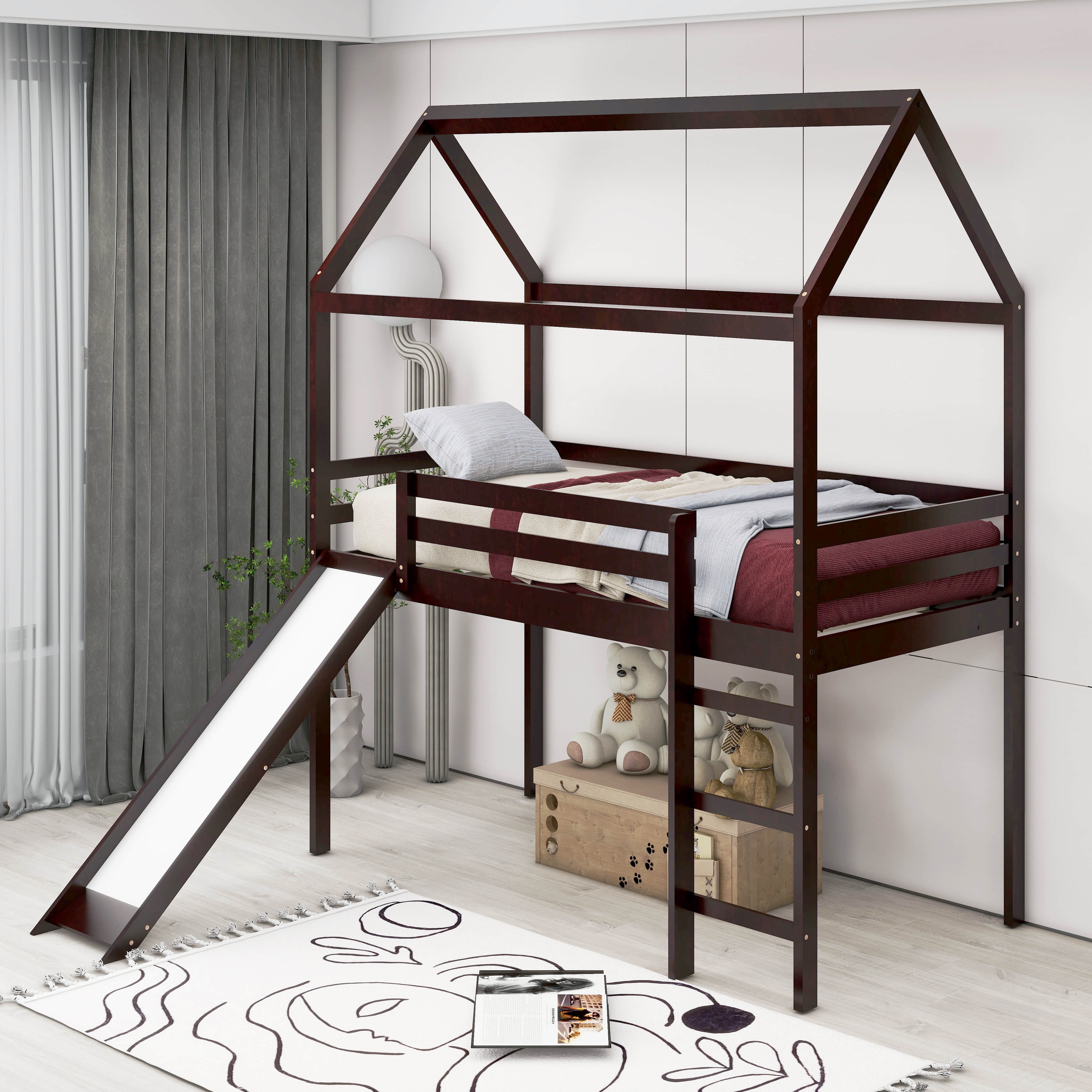 BEBPILOO Twin Loft Bed with Slide, House Bed with Slide,Espresso ...