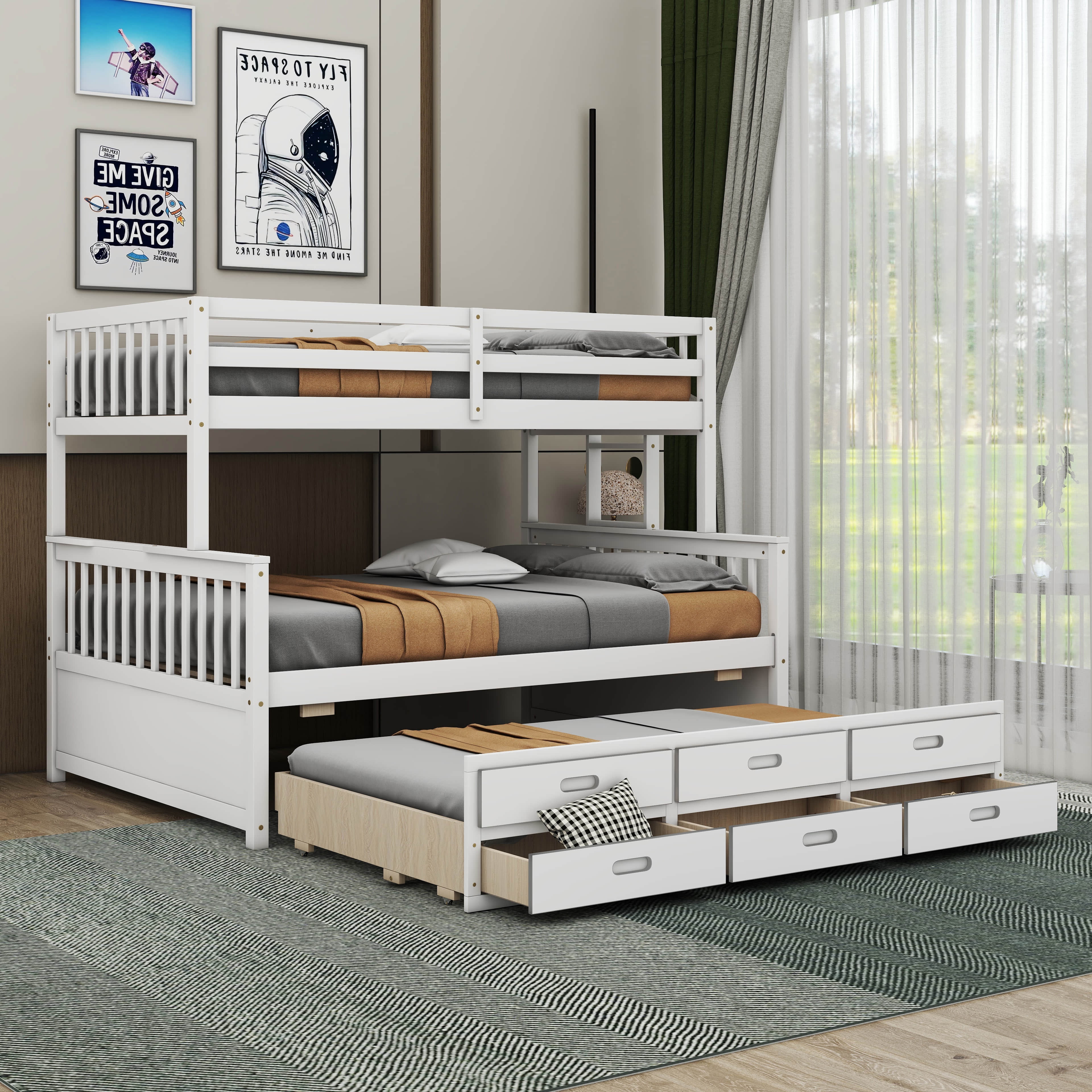 BEBPILOO Twin-Over-Full Bunk Bed with Twin size Trundle , Separable Bunk Bed with Drawers for ...