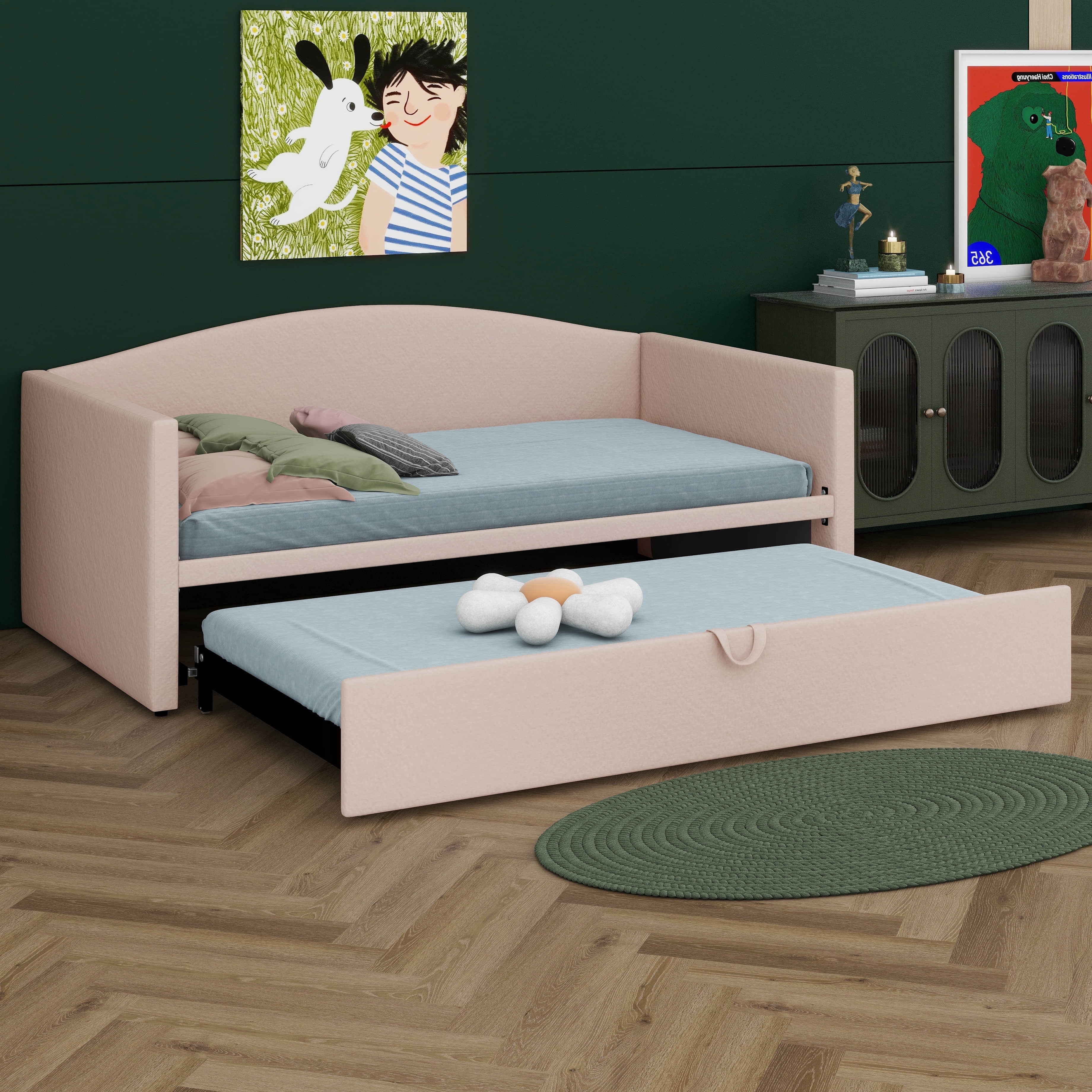 BEBPILOO Twin Size Daybed with Extended Pop Up Trundle, Upholstered ...