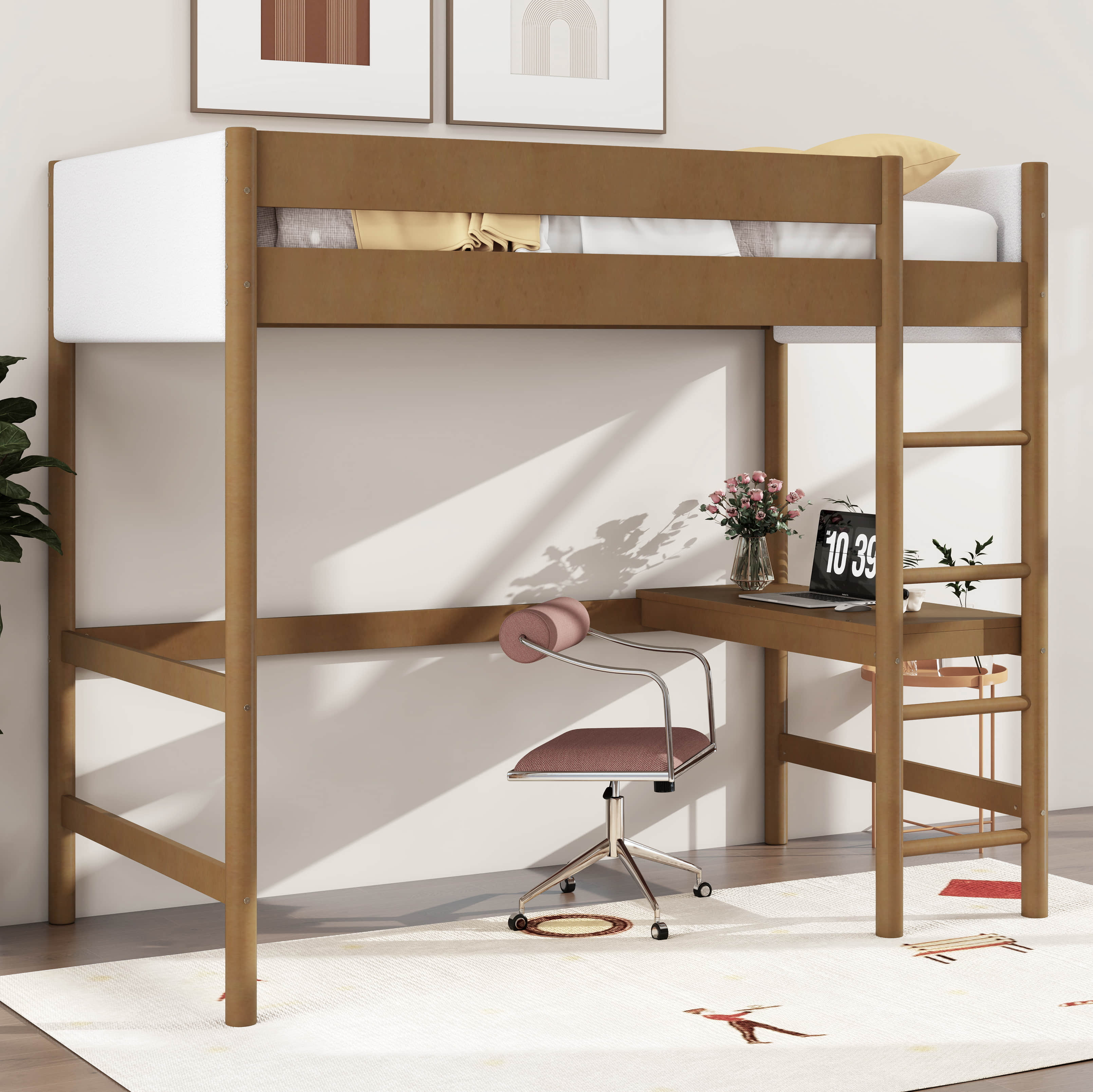 BEBPILOO Twin Size Loft Bed with Desk, Upholstered Loft Bed Frame with ...