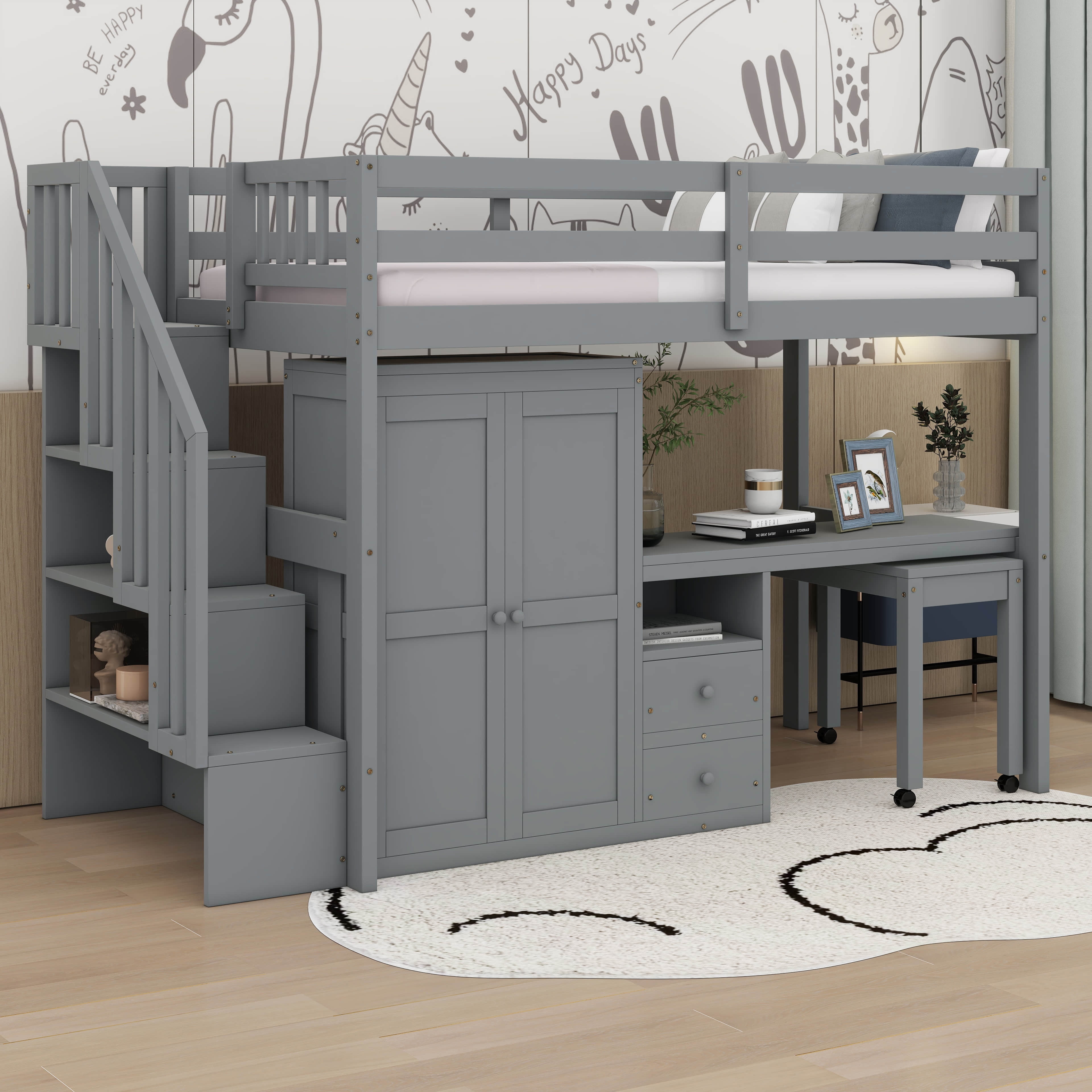 BEBPILOO Twin Size Loft Bed with Stairs, Bookshelf, Drawers, Desk & Wardrobe – Space-Saving ...