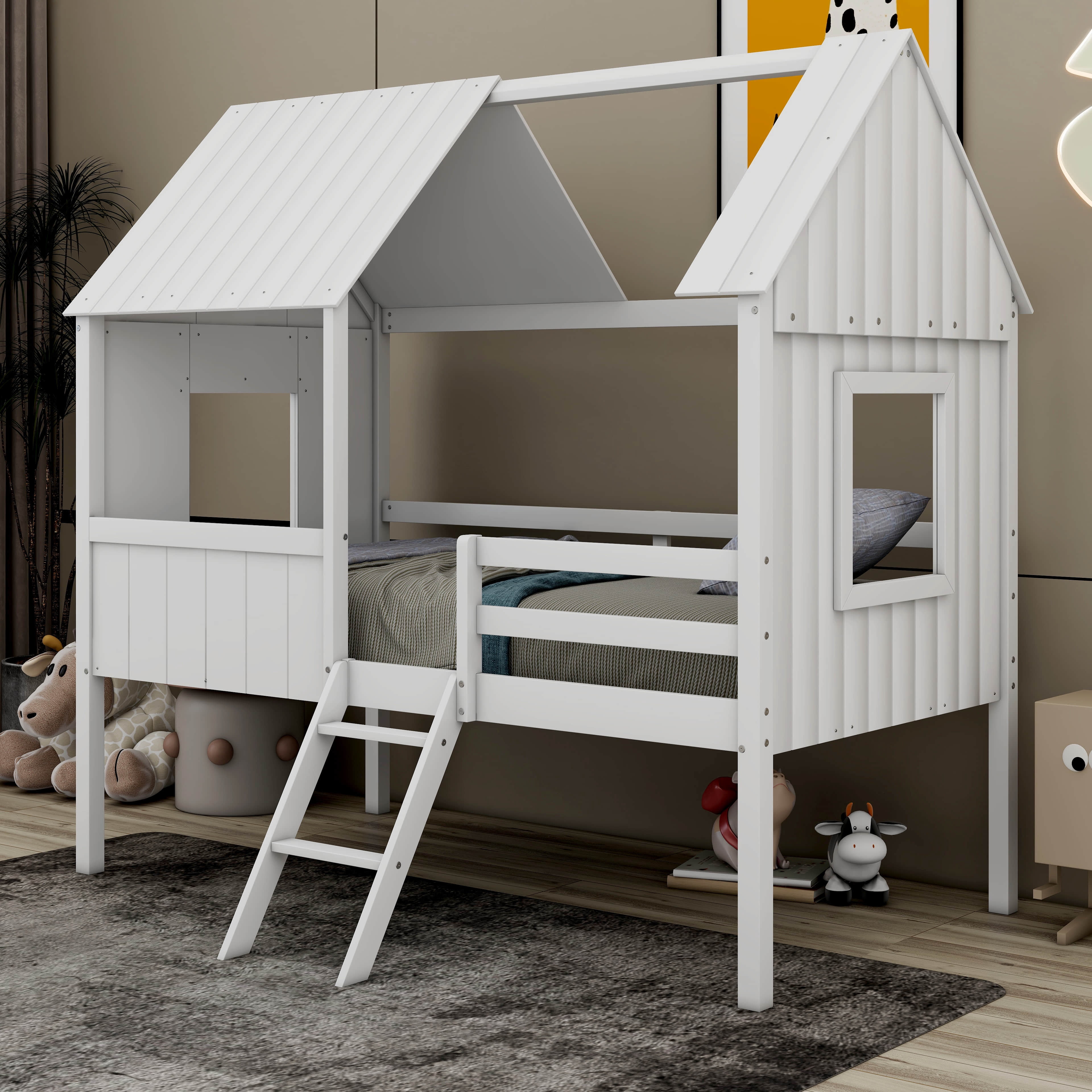BEBPILOO Twin Size Low Loft Wood House Bed with Two Side Windows (White ...