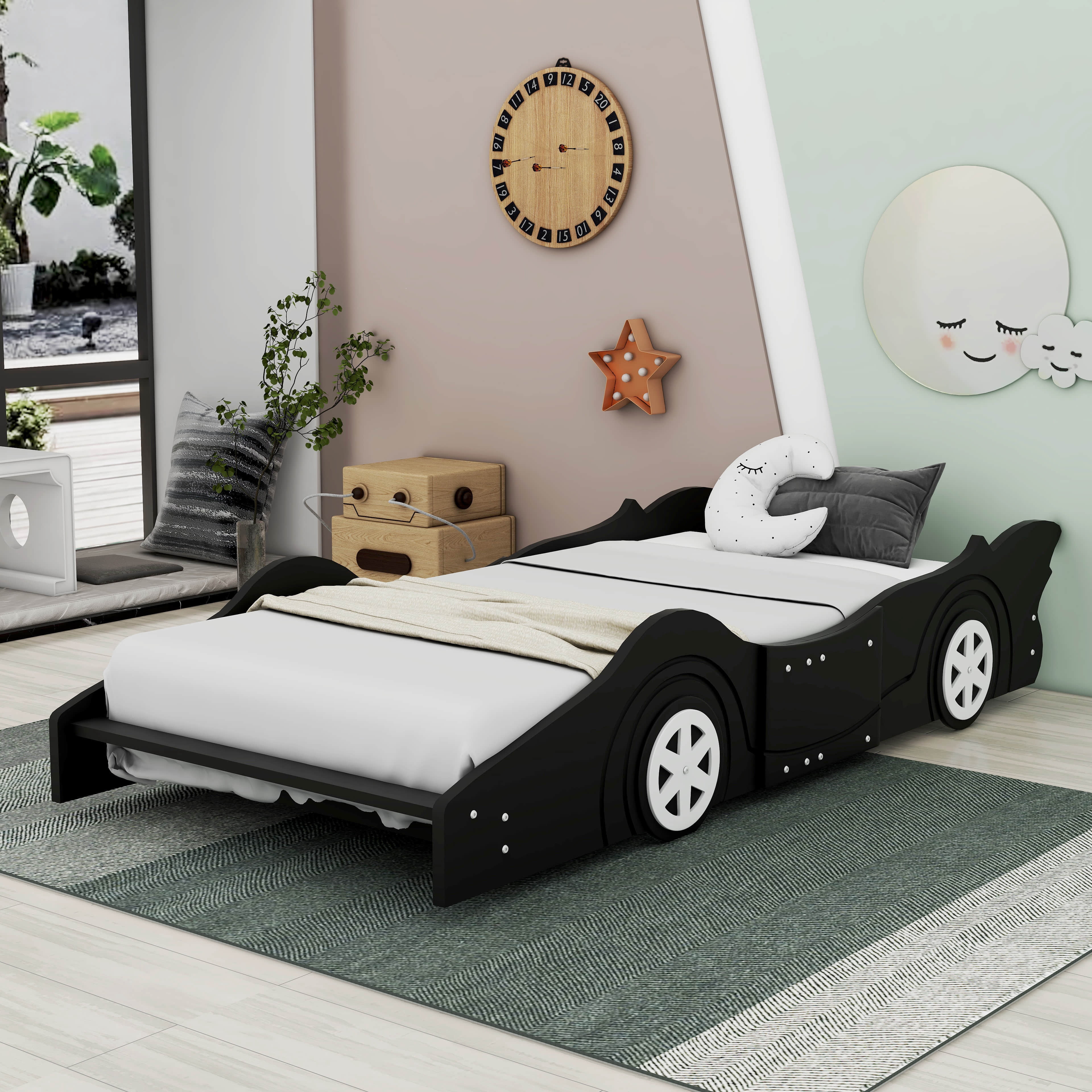 BEBPILOO Twin Size Race Car-Shaped Platform Bed with Wheels,Black ...