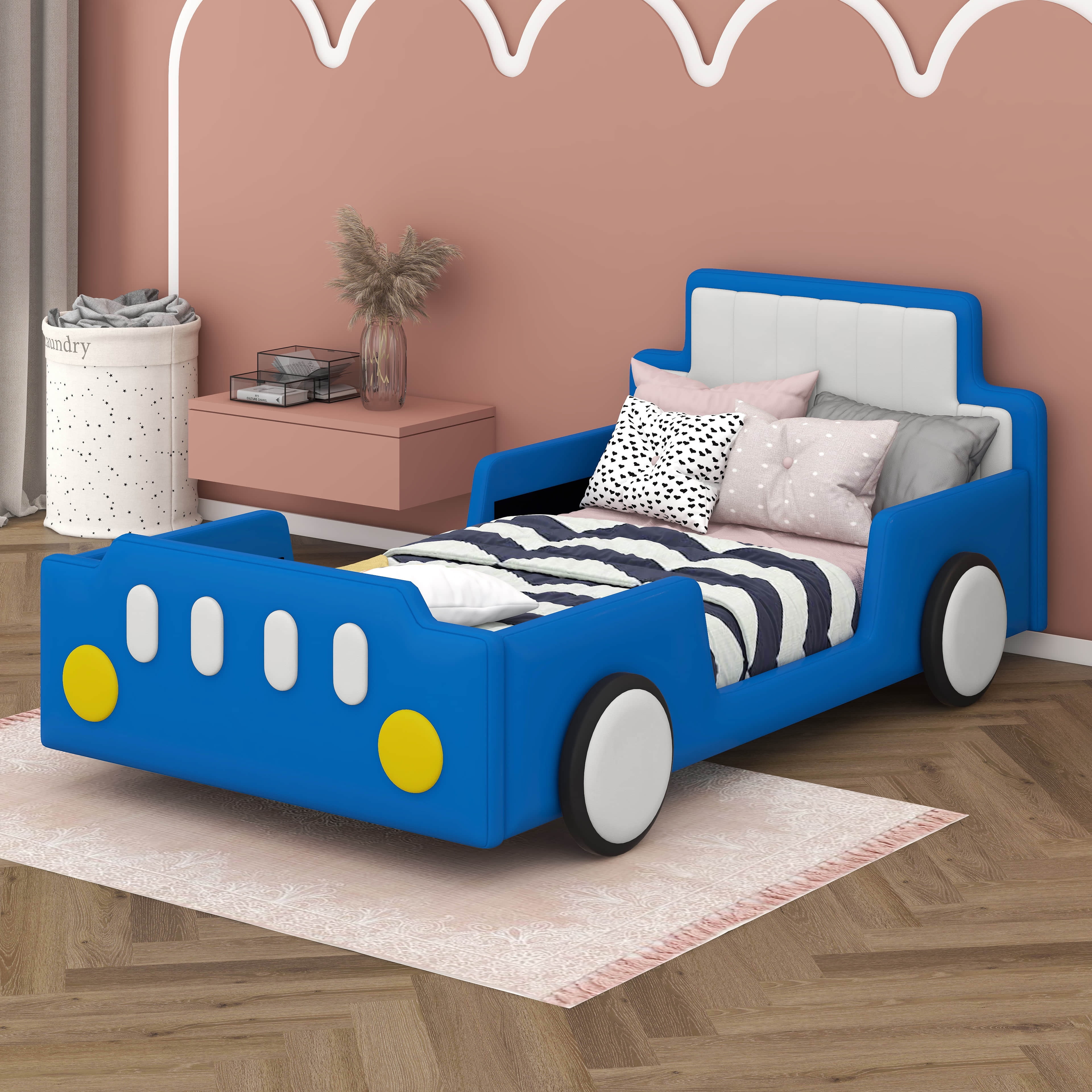 BEBPILOO Twin Size Race Car-Shaped Platform Bed with Wheels,Blue ...