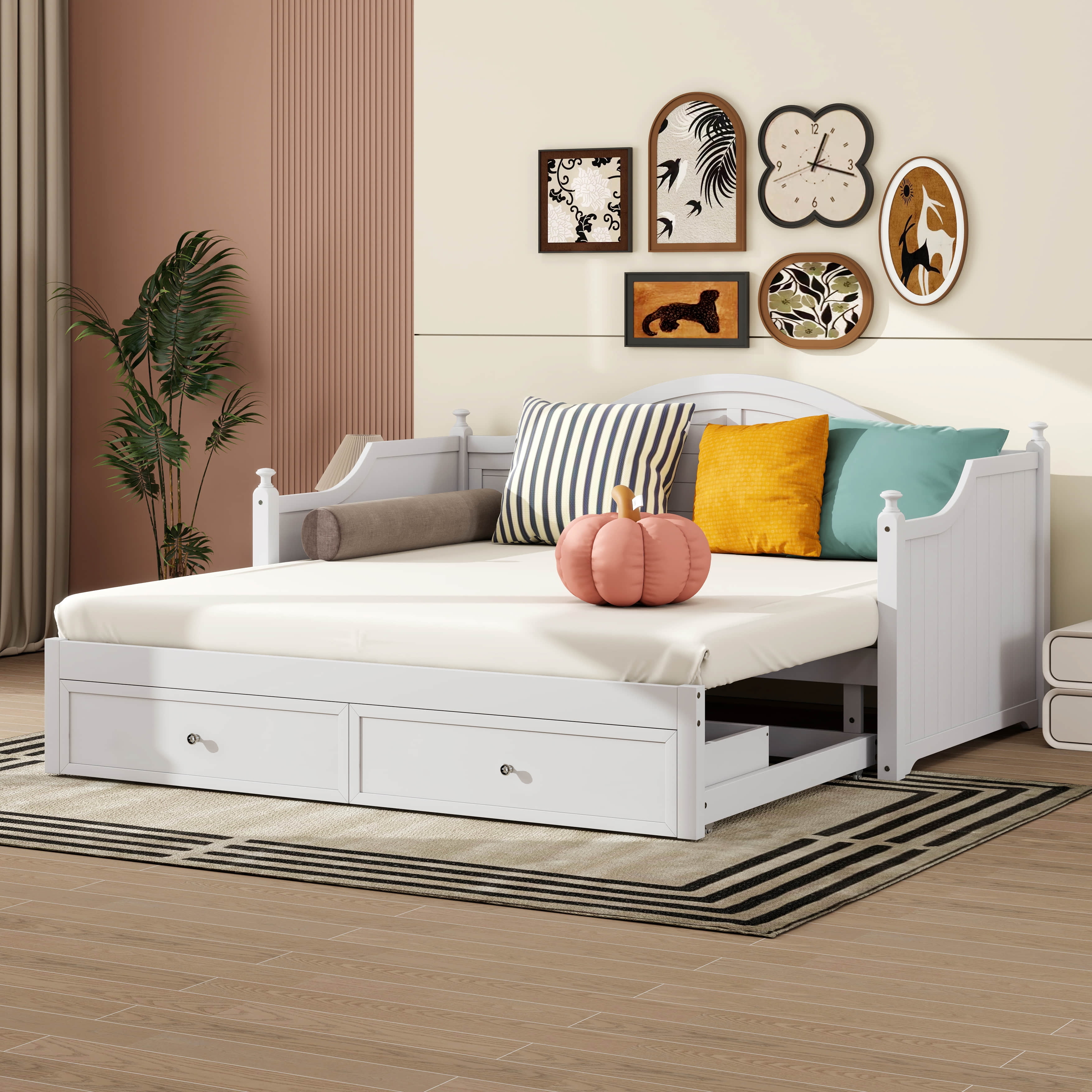 BEBPILOO Twin Size Wood Daybed with Extended Pop Up Trundle and Storage ...