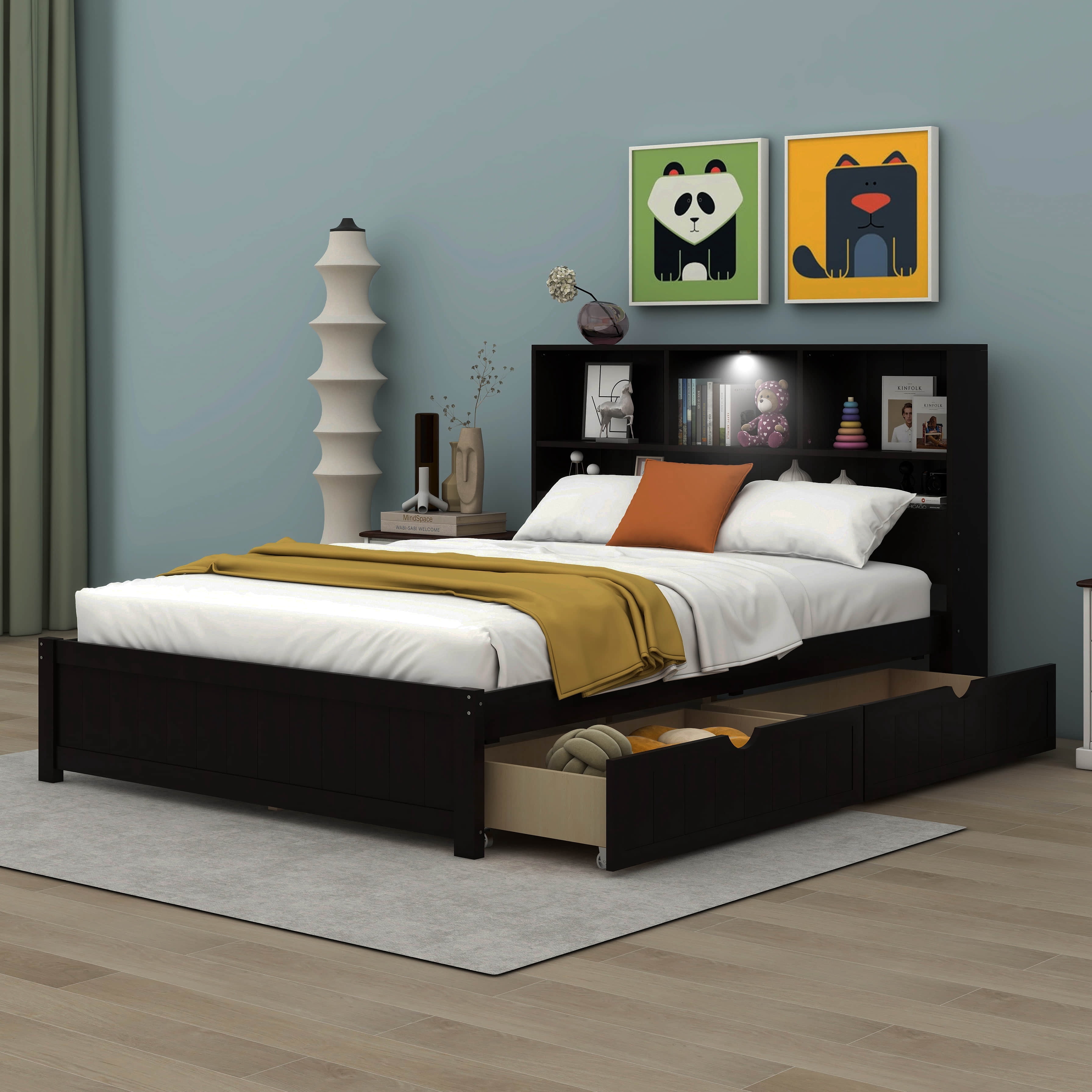 BEBPILOO Twin Size Wood Platform Bed with Bookcase Headboard, Built-in ...