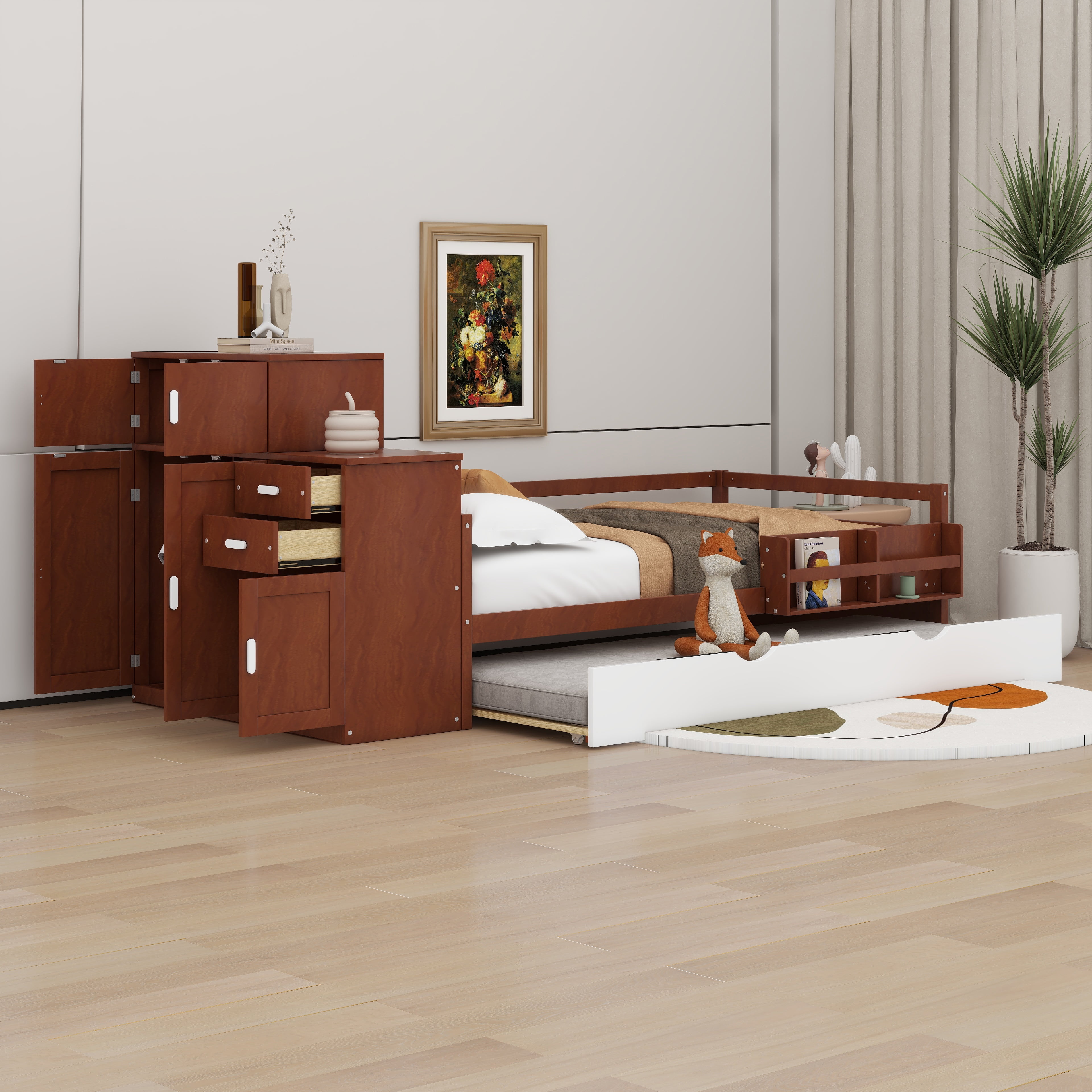 BEBPILOO Twin Size Wood Platform Bed with Sample Bookshelf and Movable ...