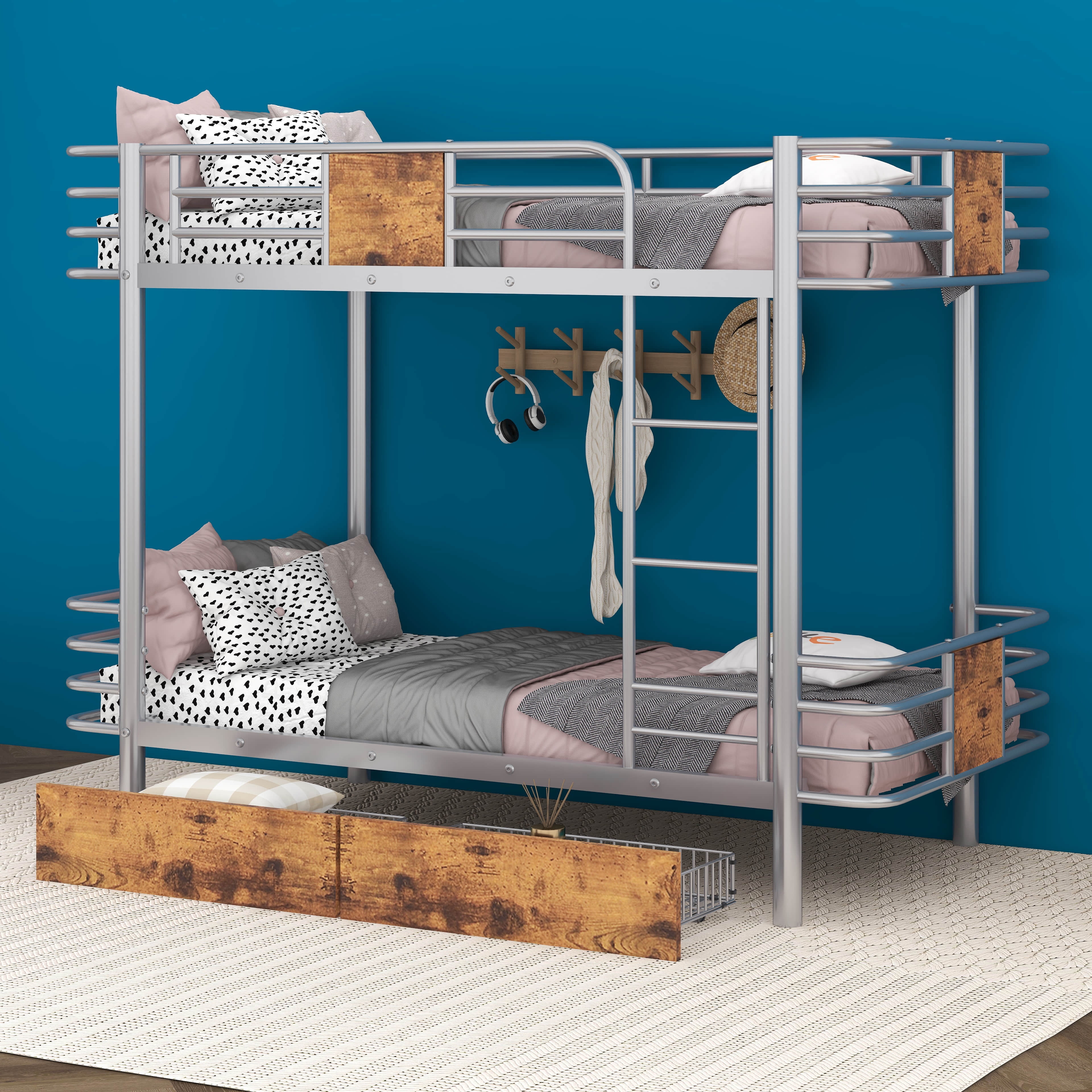 BEBPILOO Twin XL over Twin XL Metal Bunk Bed with MDF Board Guardrail ...
