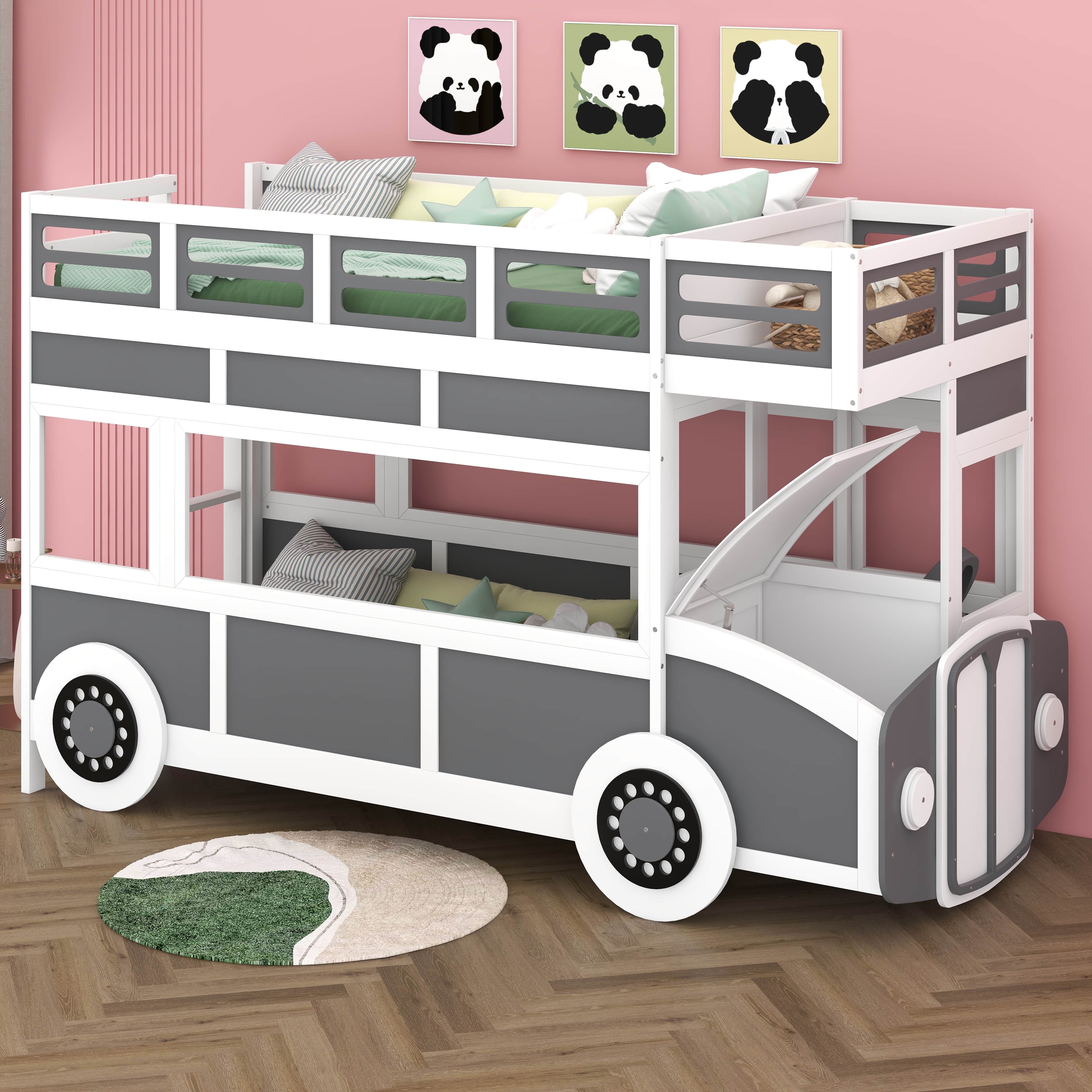 BEBPILOO Twin over Twin Bus-shaped Bunk Bed with Wheels and Storage ...