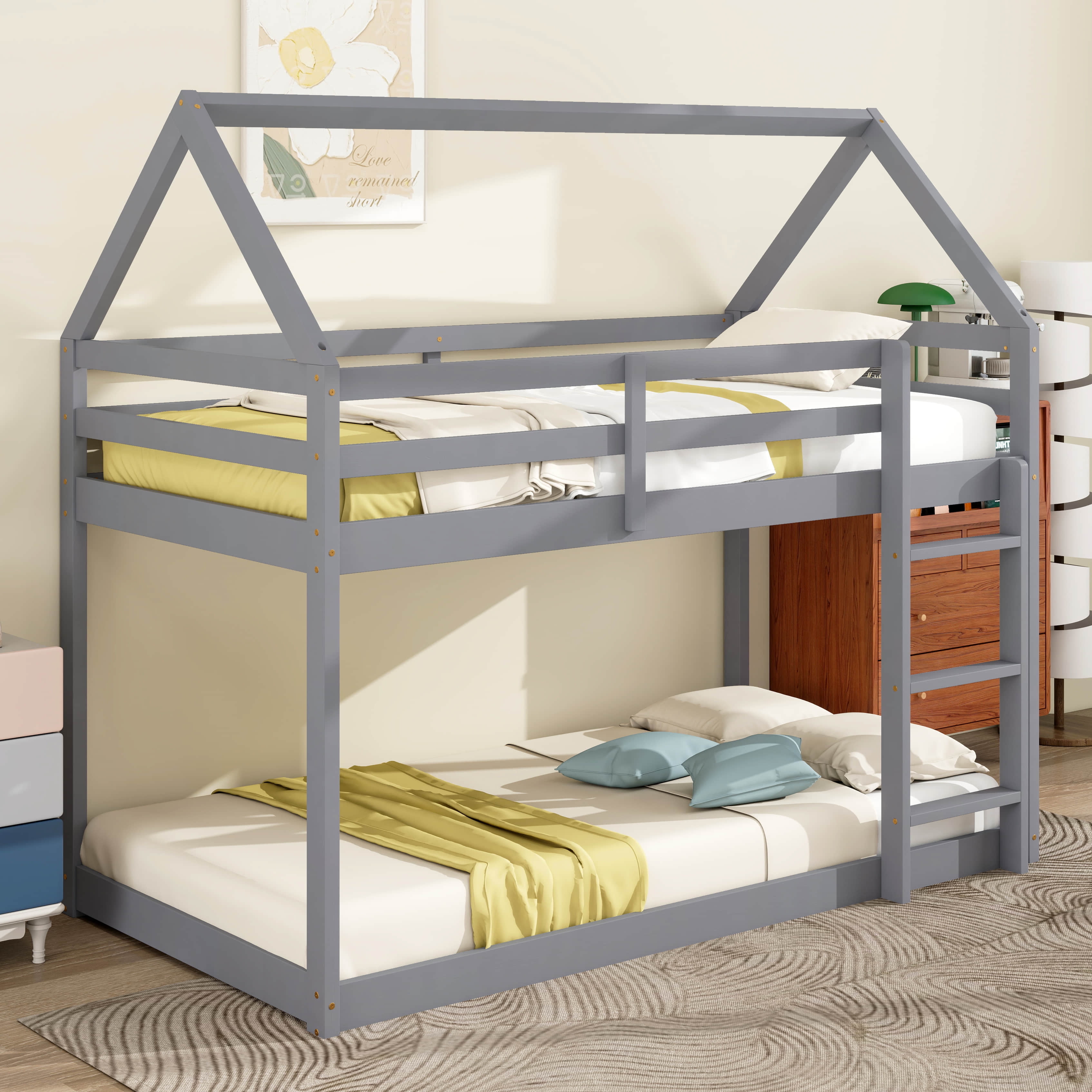 BEBPILOO Twin over Twin Rubber Wood Floor Bunk Bed, with ladder ...
