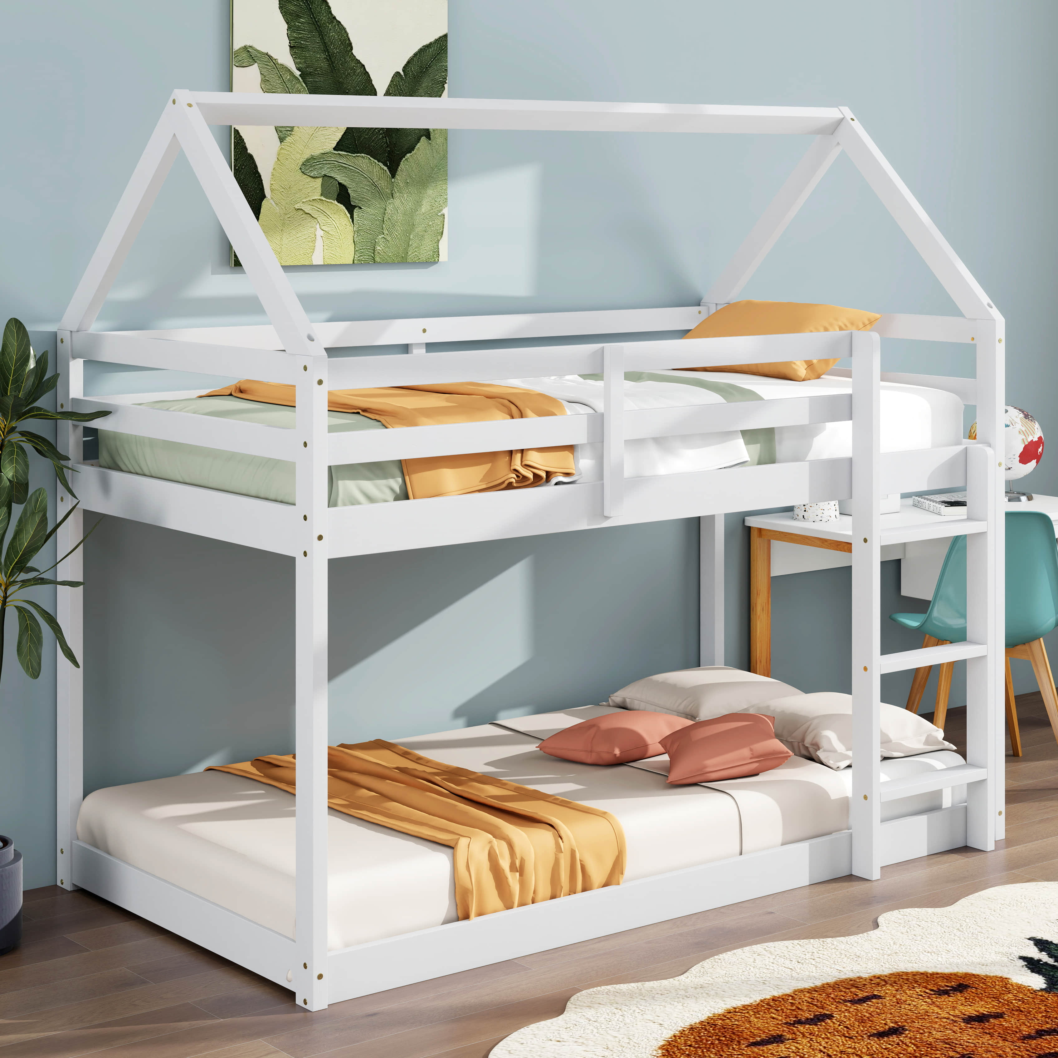 BEBPILOO Twin over Twin Rubber Wood Floor Bunk Bed, with ladder ...