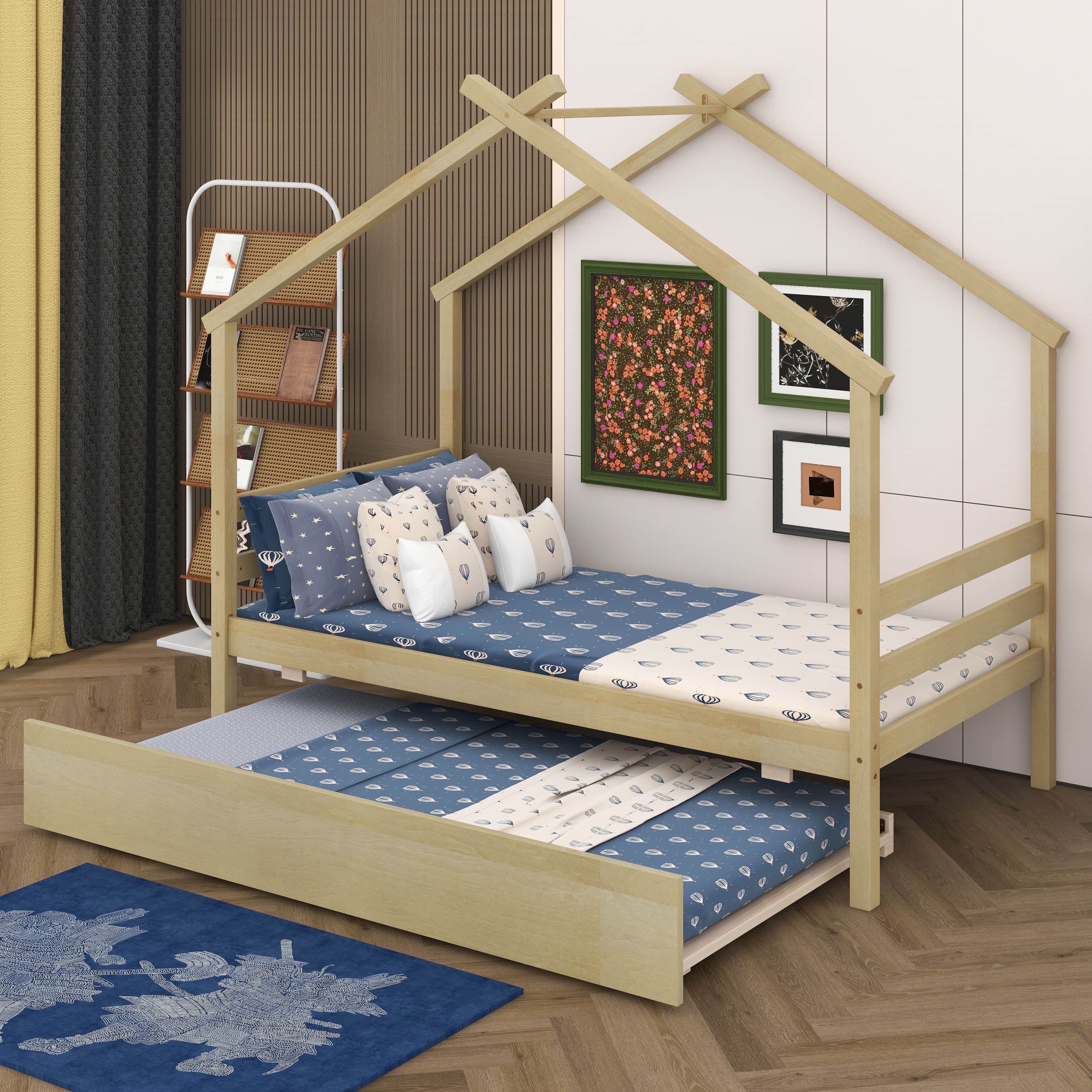 BEBPILOO Twin size Tent Floor Bed, Teepee Bed, with Trundle,Natural ...