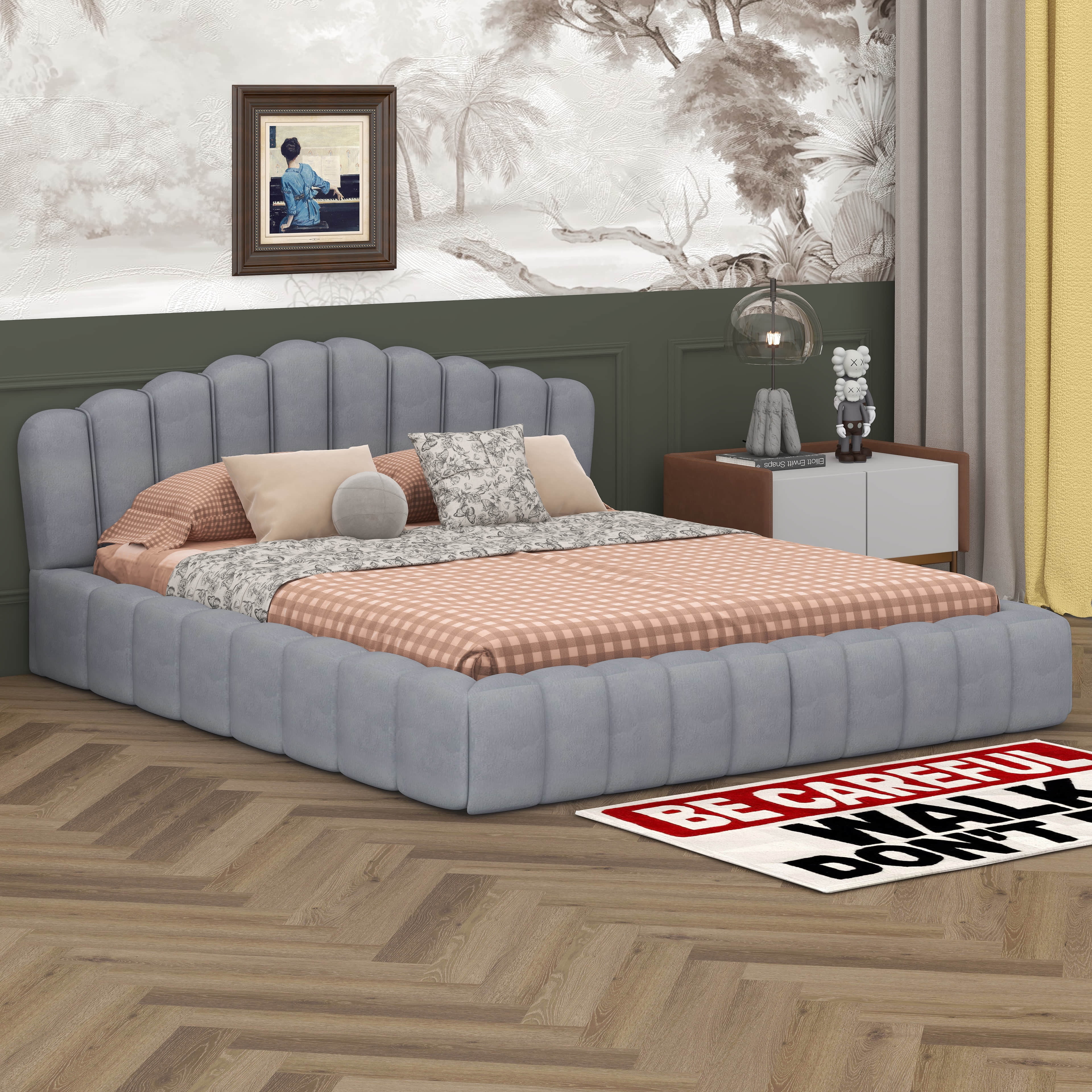 BEBPILOO Velvet Upholstered Queen Bed Frame Floor Bed Shell-Shaped ...