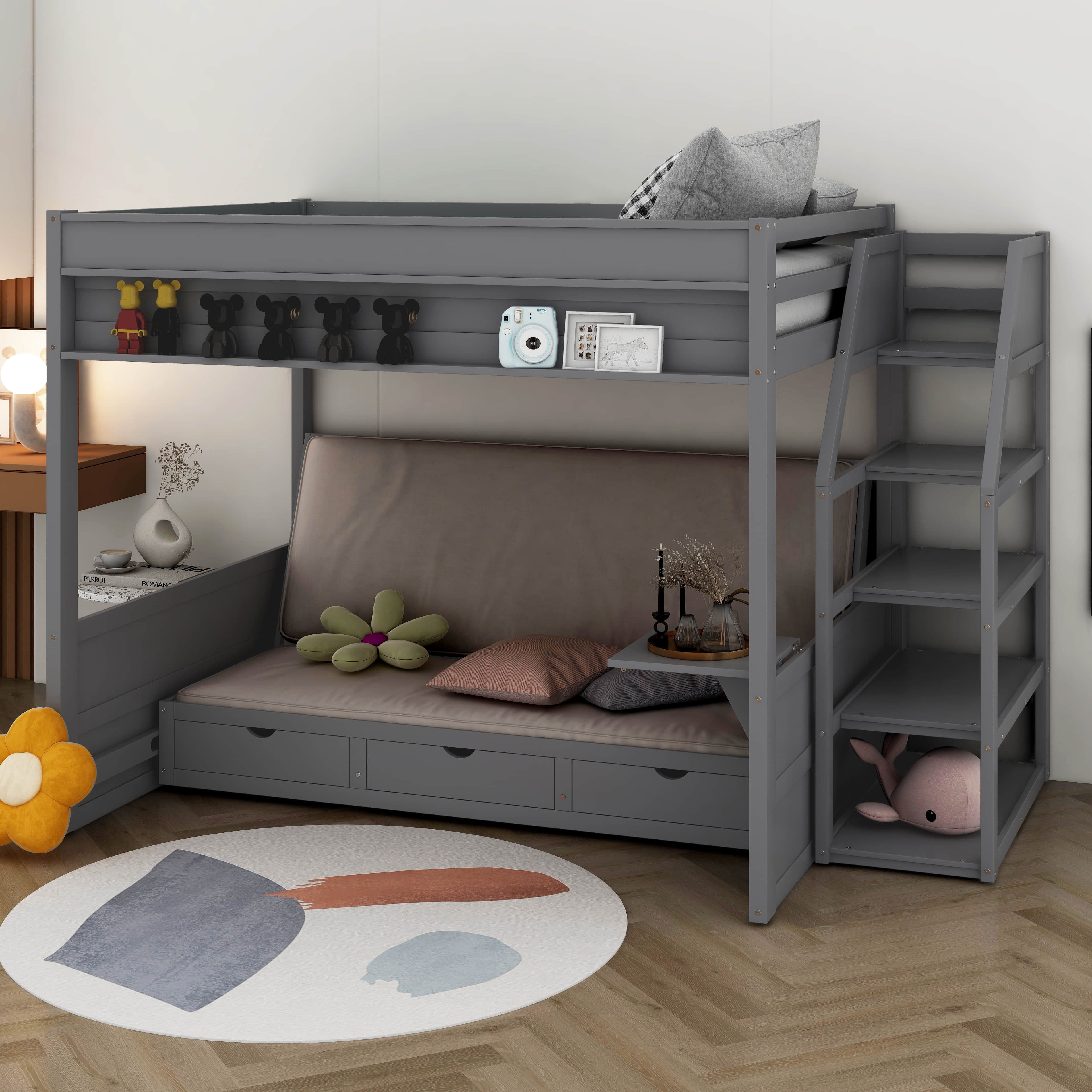 BEBPILOO Wood Full Size Convertible Bunk Bed with Storage Staircase ...