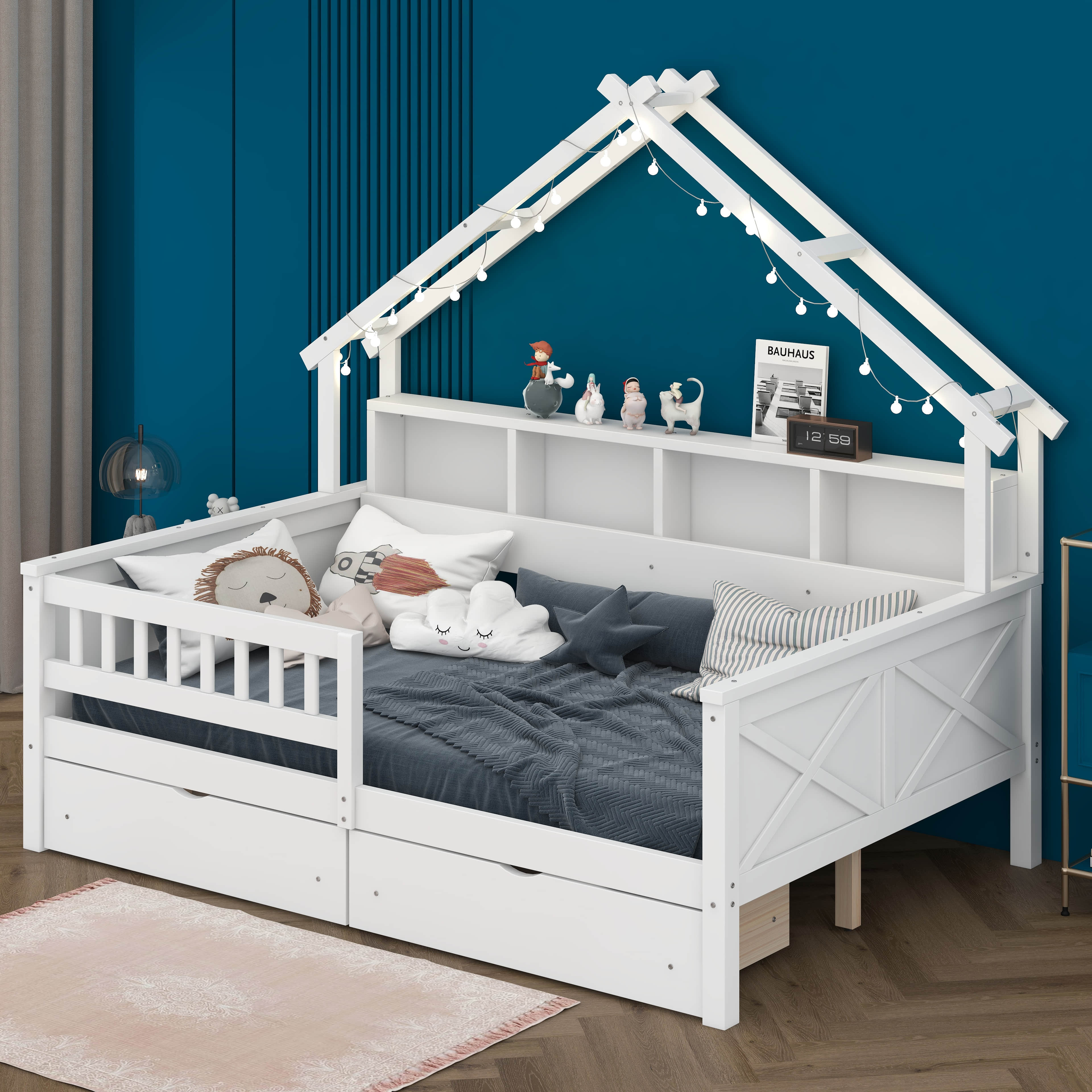 BEBPILOO Wooden Full Size House Shape Platform Beds with LED Light Belt ...