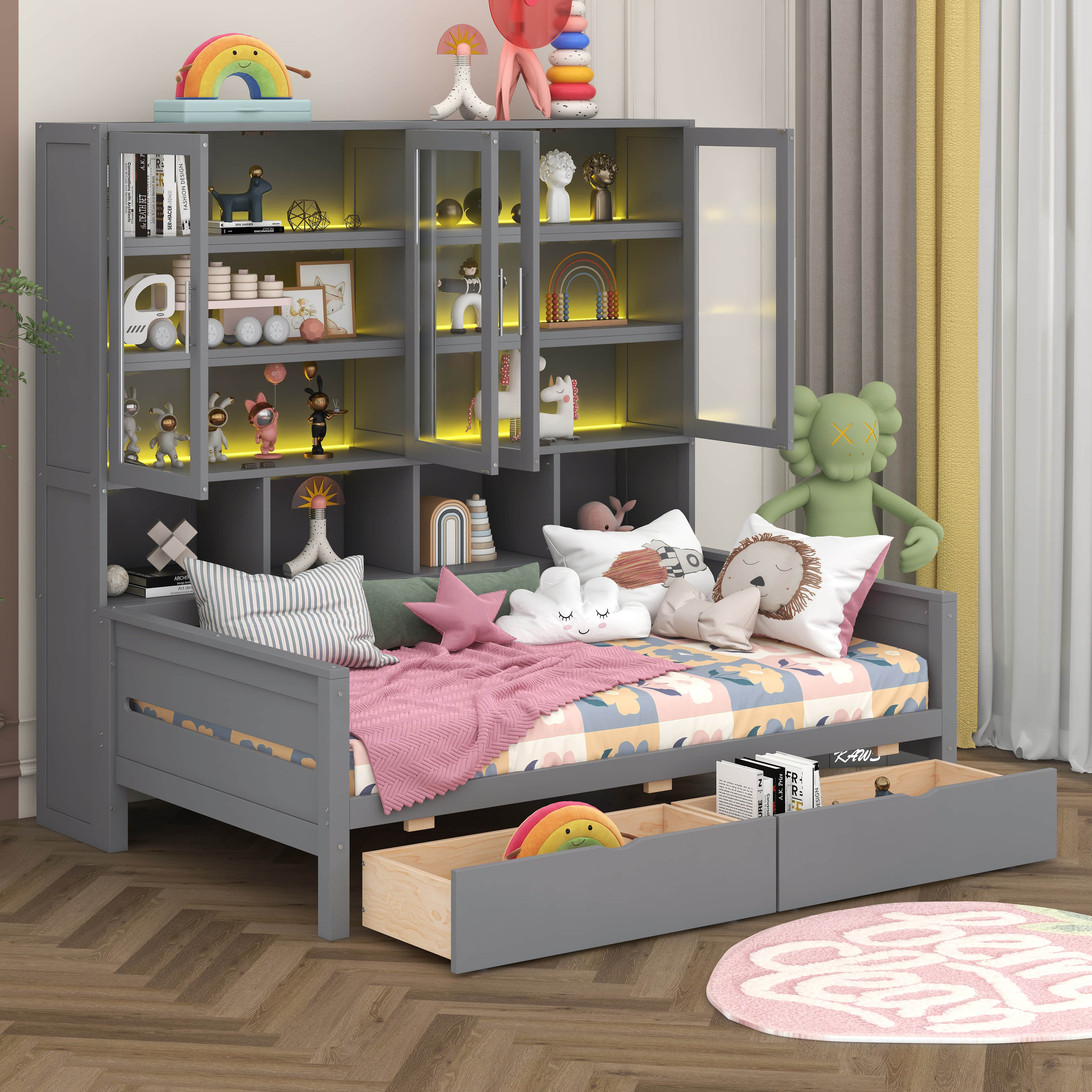 BEBPILOO Wooden Gray Color Twin Size Daybed with Glass-Door Storage ...