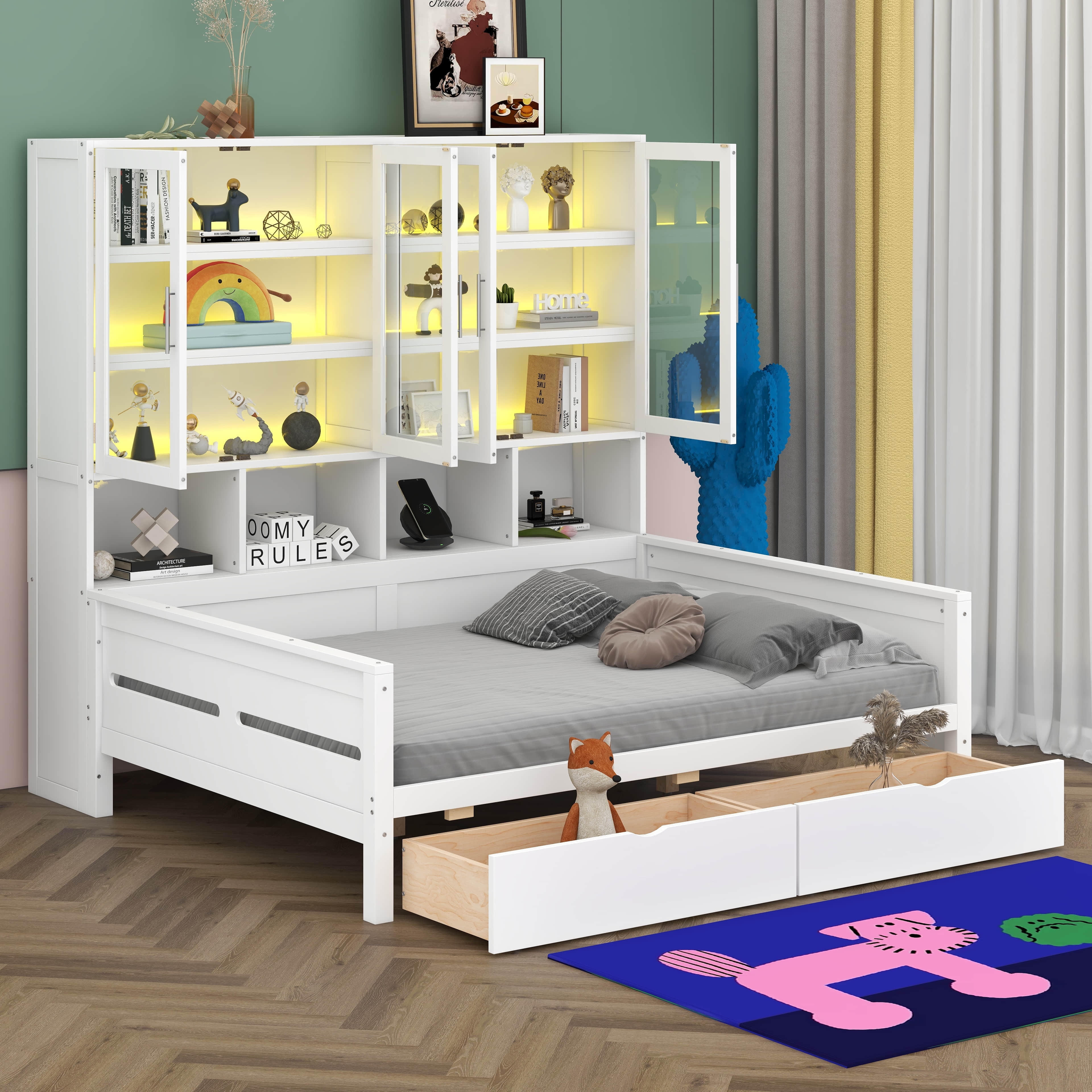 BEBPILOO Wooden White Color Full Size Daybed with Glass-Door Storage ...