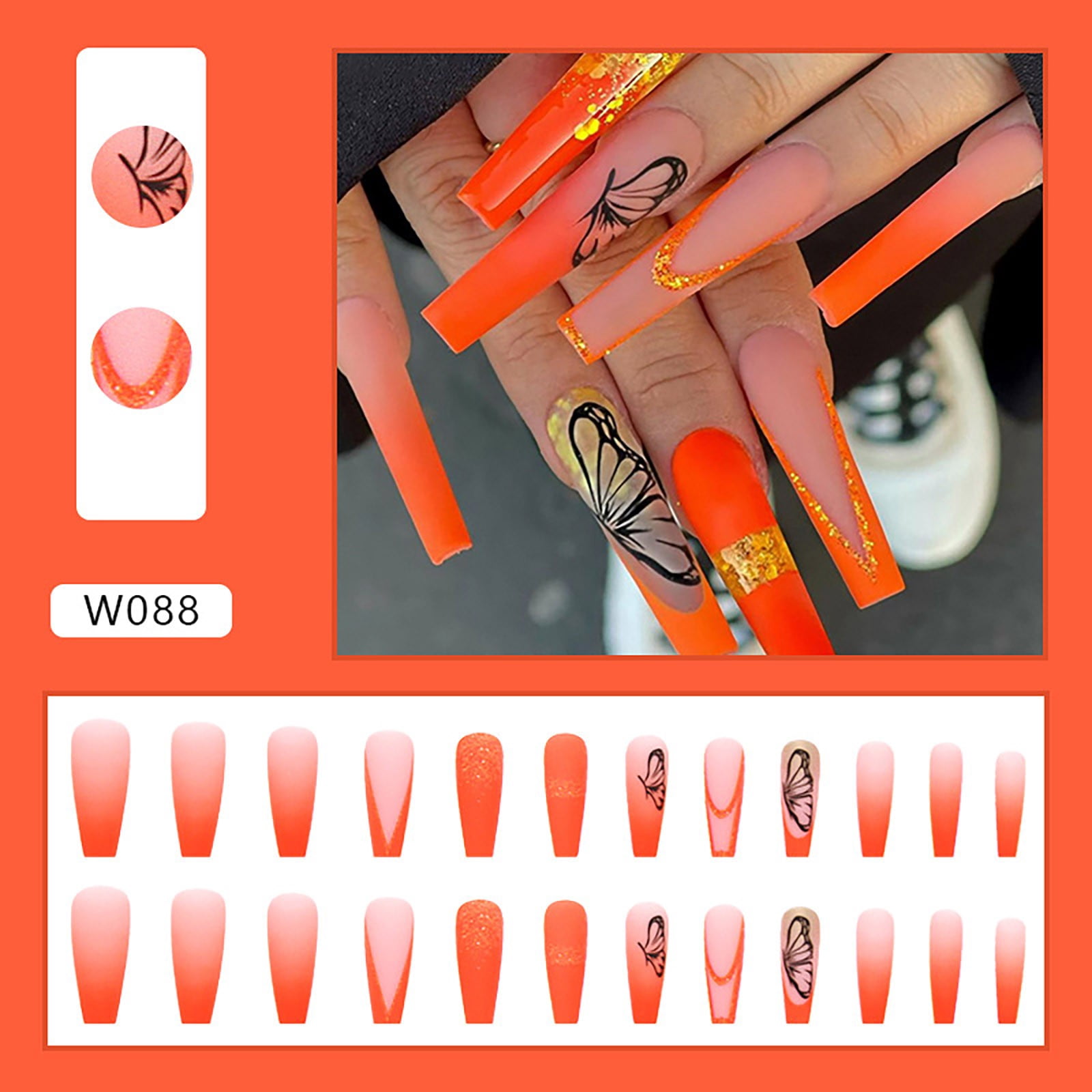 BEBUTTON 24pcs Nail Tips Press on Nails Long Square Nail Tips Butterfly ...