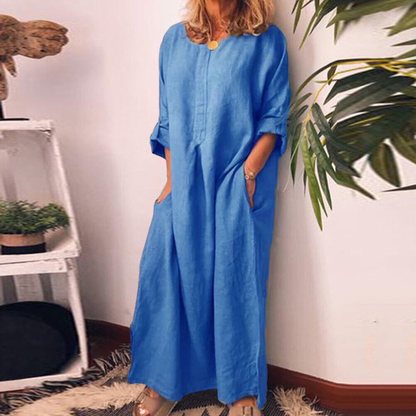 BEBUTTON Womens Summer Casual Loose Solid Flowy Dresses Round Neck Long ...