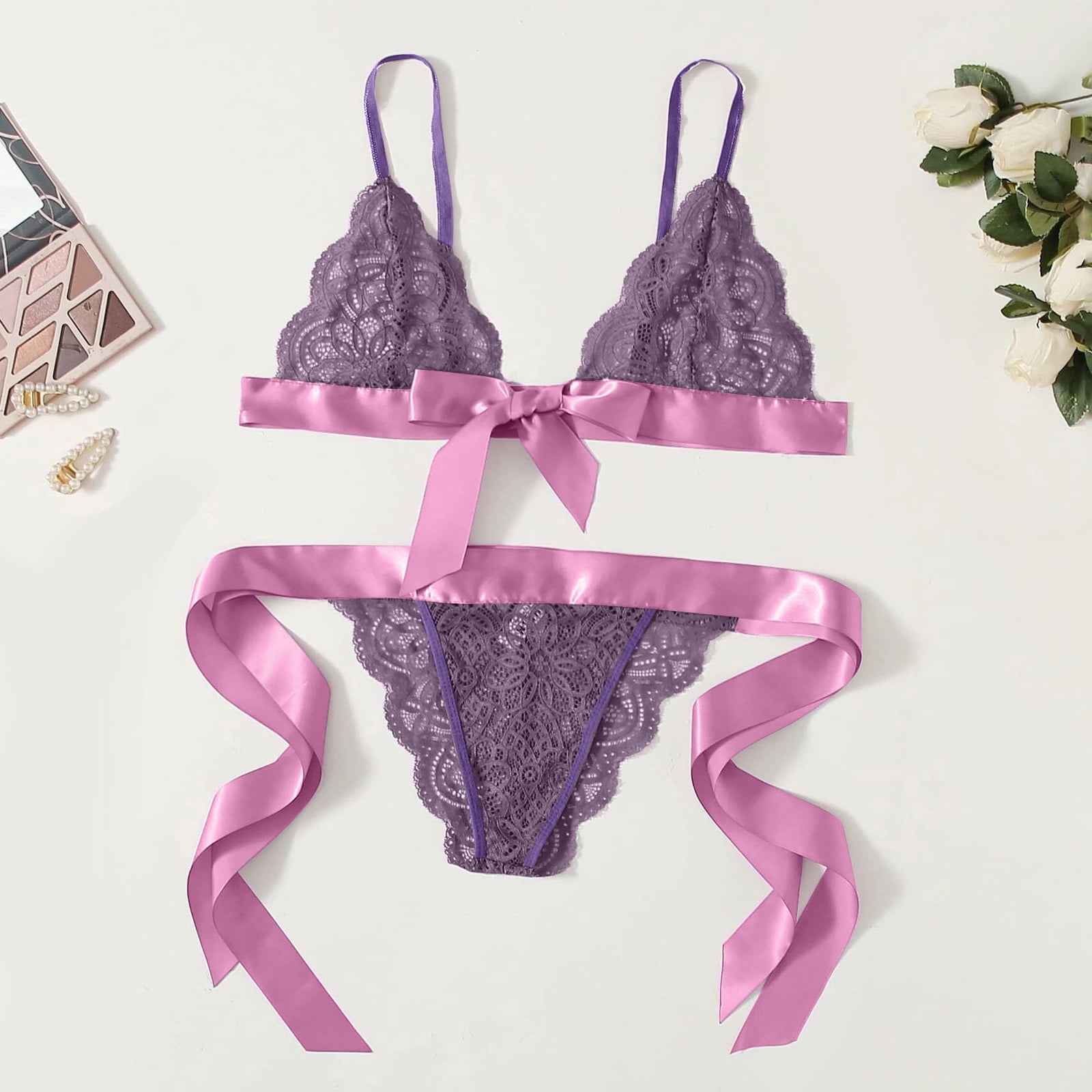 Becloth Women Bra Sexy Underpant Scalloped Trim Tie Side Lace Set