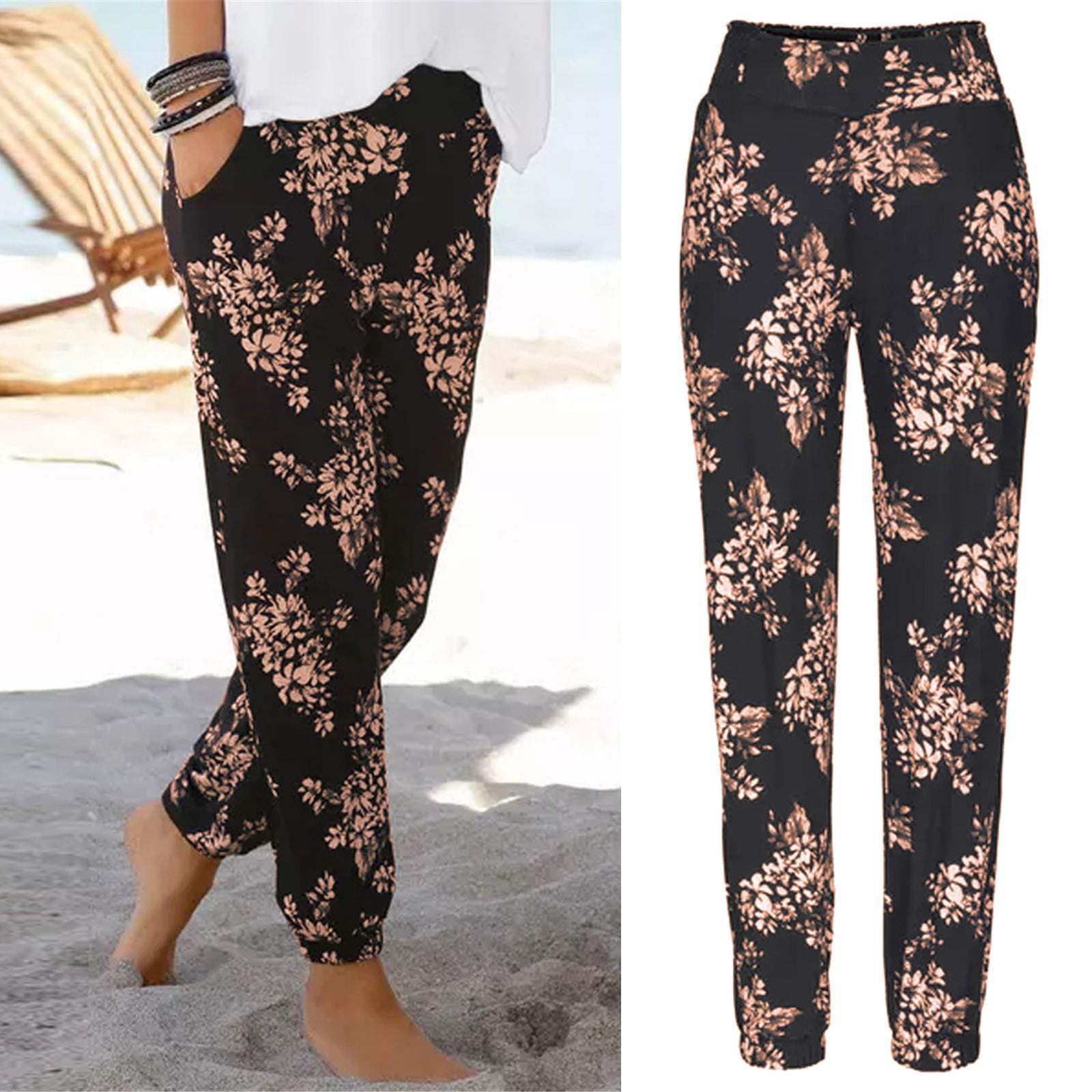 BECLOTH Women High Waist Printing Easy Trousers Long Pants Boho Beach ...