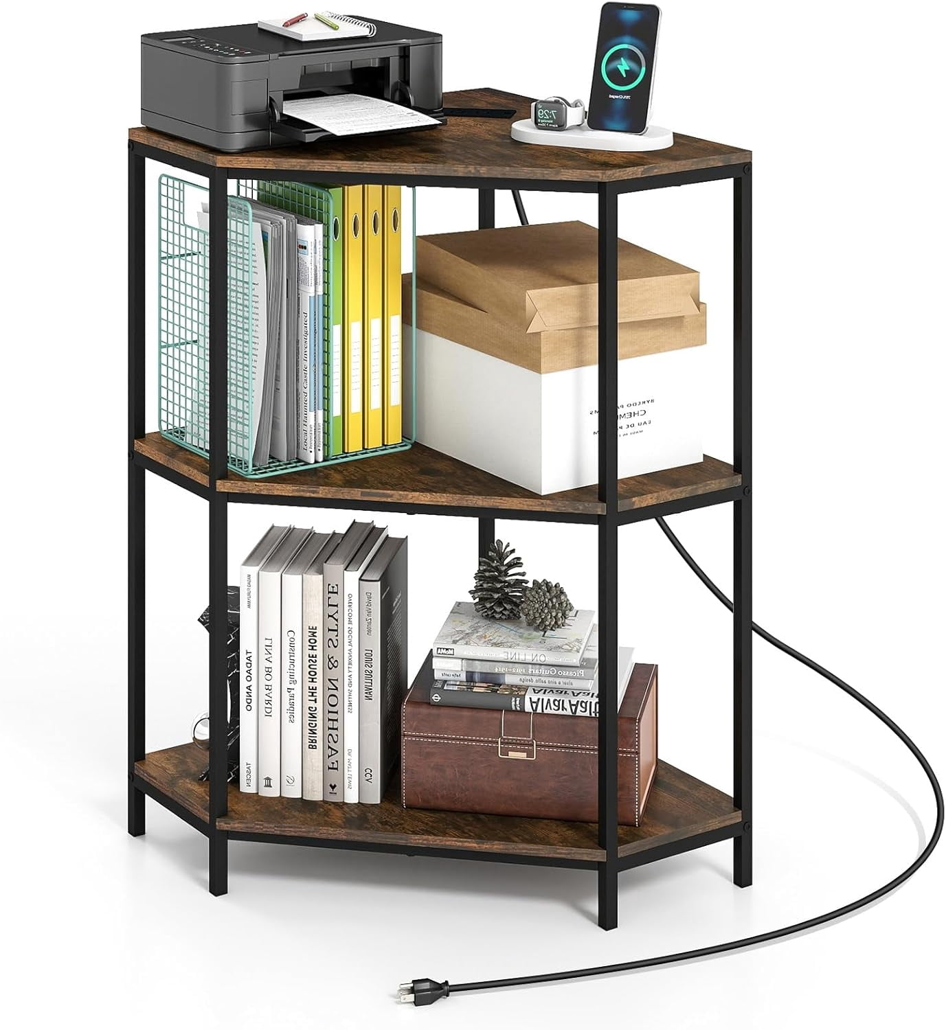 BECOMFORT Corner Printer Stand, 3-Tier Corner Shelf with Power Outlet ...