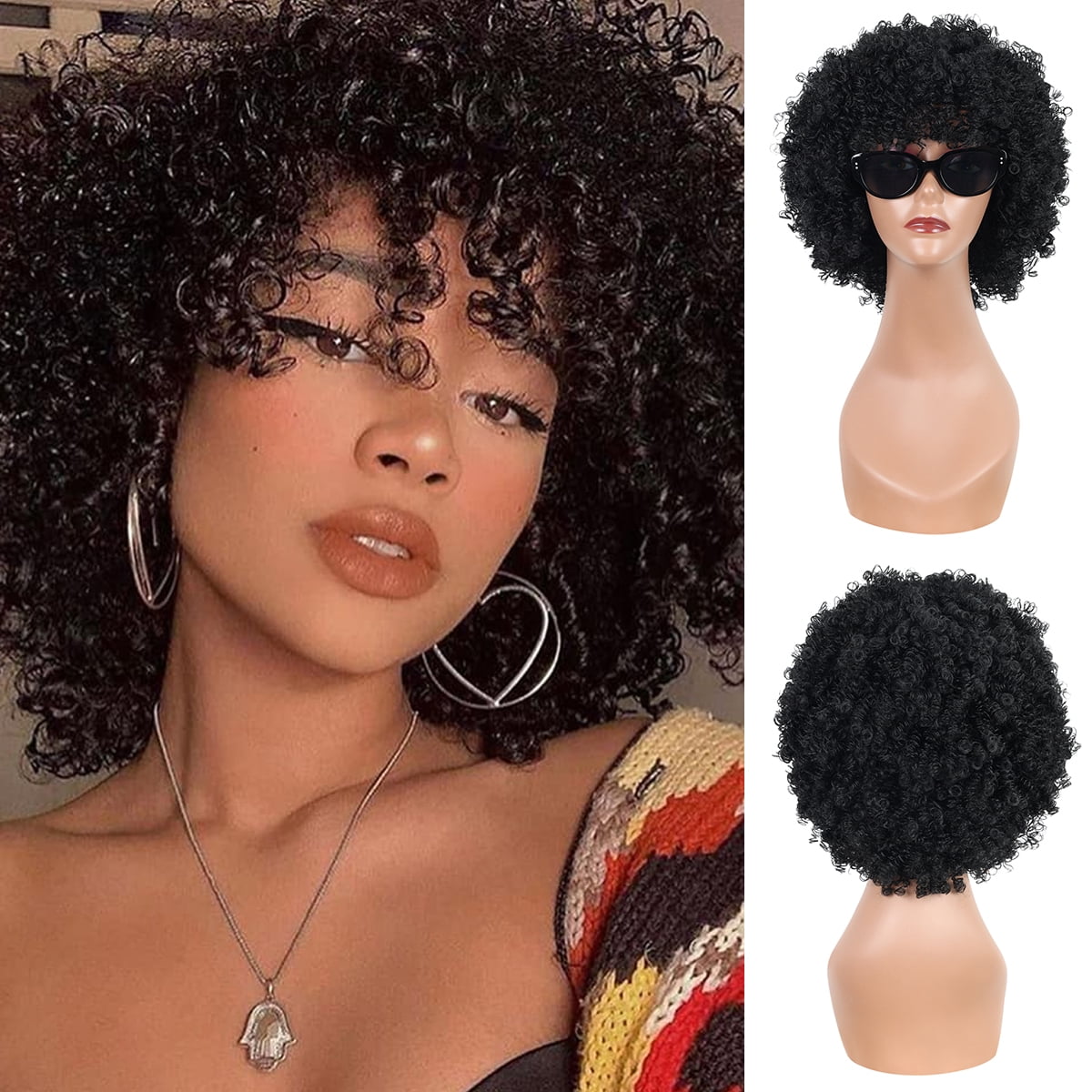 Becus Kinky Curly Wig With Bangs Short Wigs For Women Black Wig