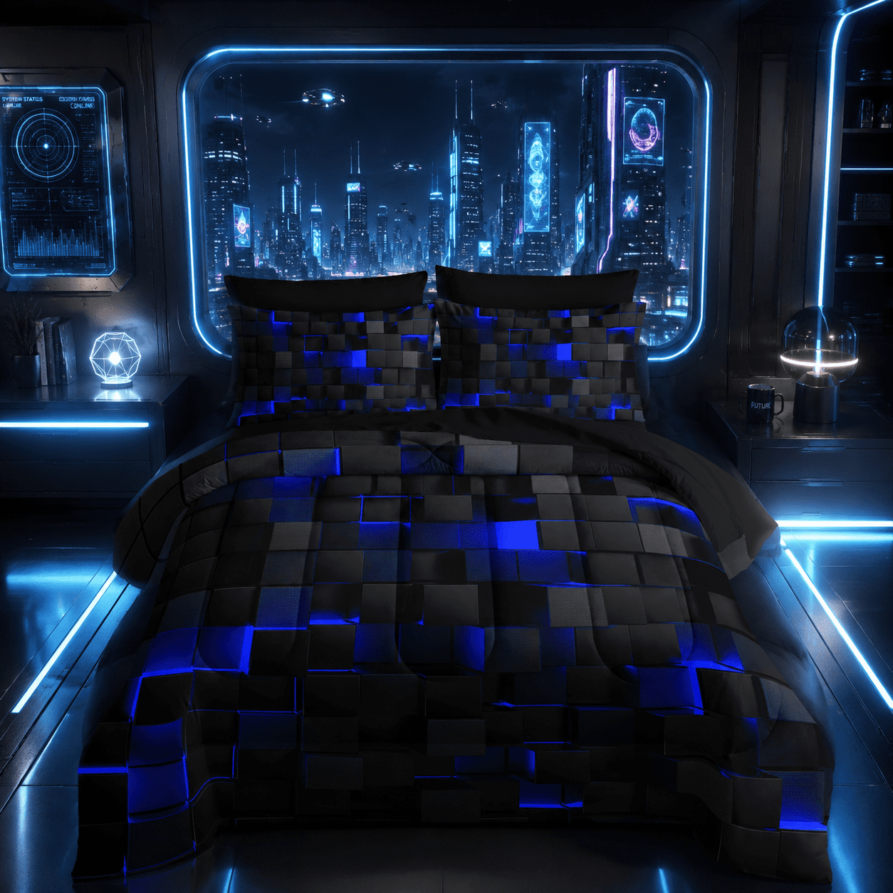 BEDCLUB Geometric Blue Black King Comforter Set,Light Honeycomb Bedding ...