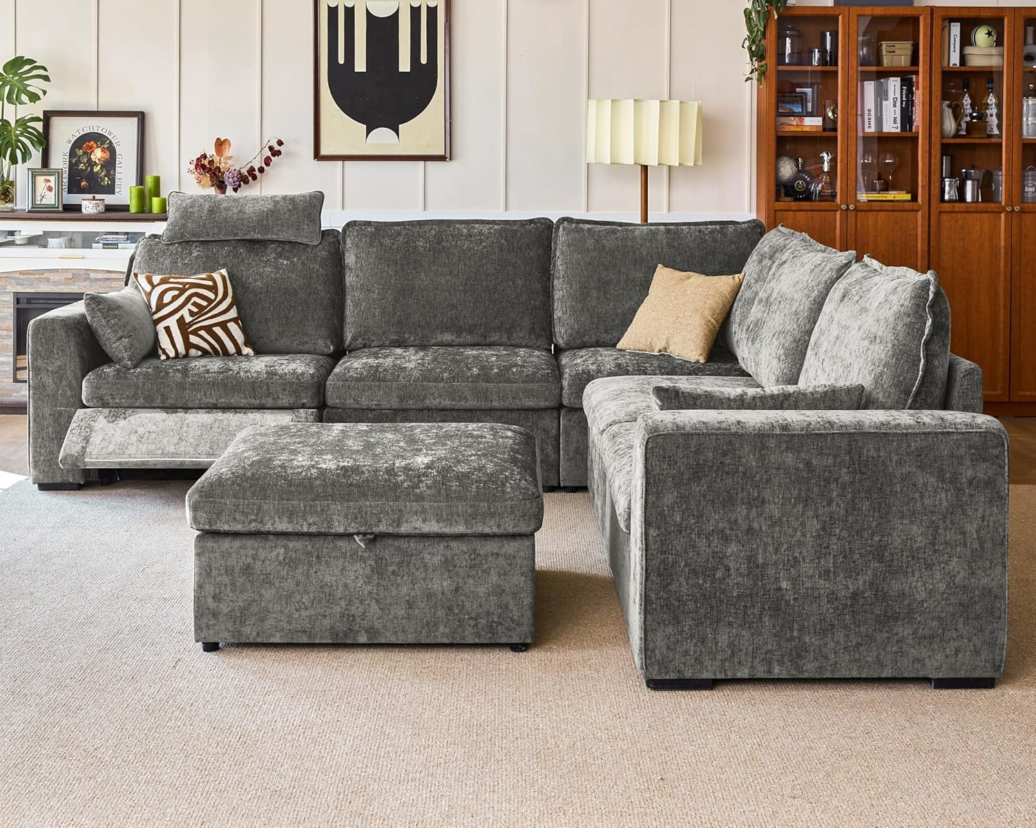 BEDEEP 6 Seater Chenille Oversized Modular Sectional Sofa with Power ...