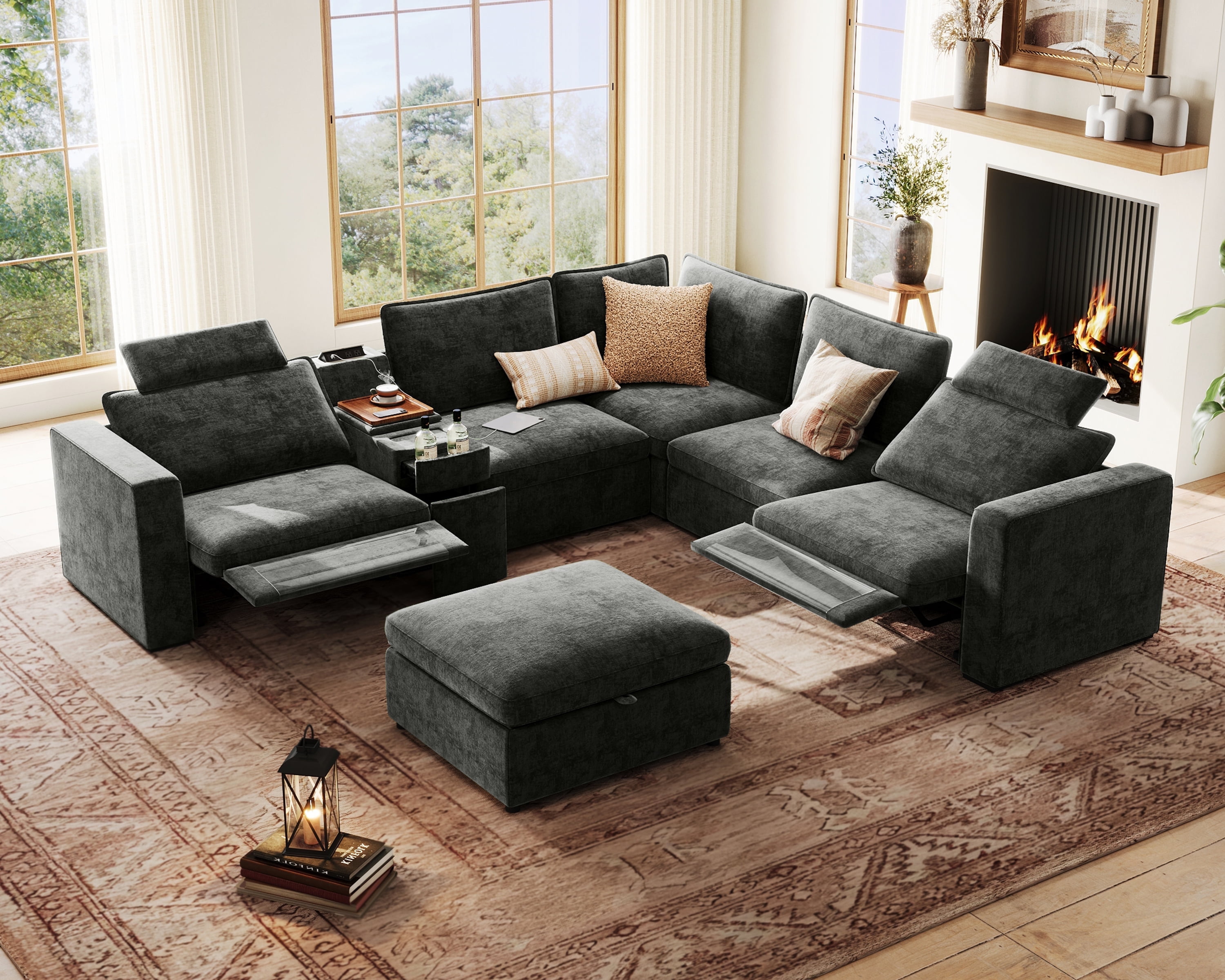 BEDEEP 133.9'' Power Recliner Sofa with Headrest Console, Modular Cloud ...