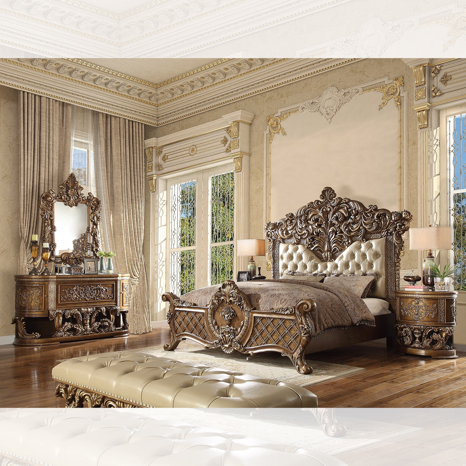 BEDROOM RESIN/LEATHER 5PC BEDROOM | ANTIQUE GOLD & PERFECT BROWN ...