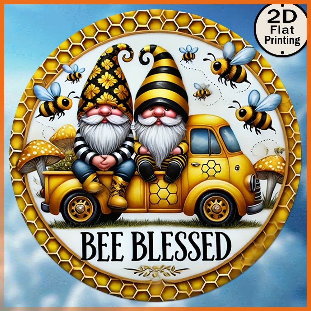"BEE BLESSED" Bee Gnomes Round Aluminum Sign - Whimsical Farmhouse ...