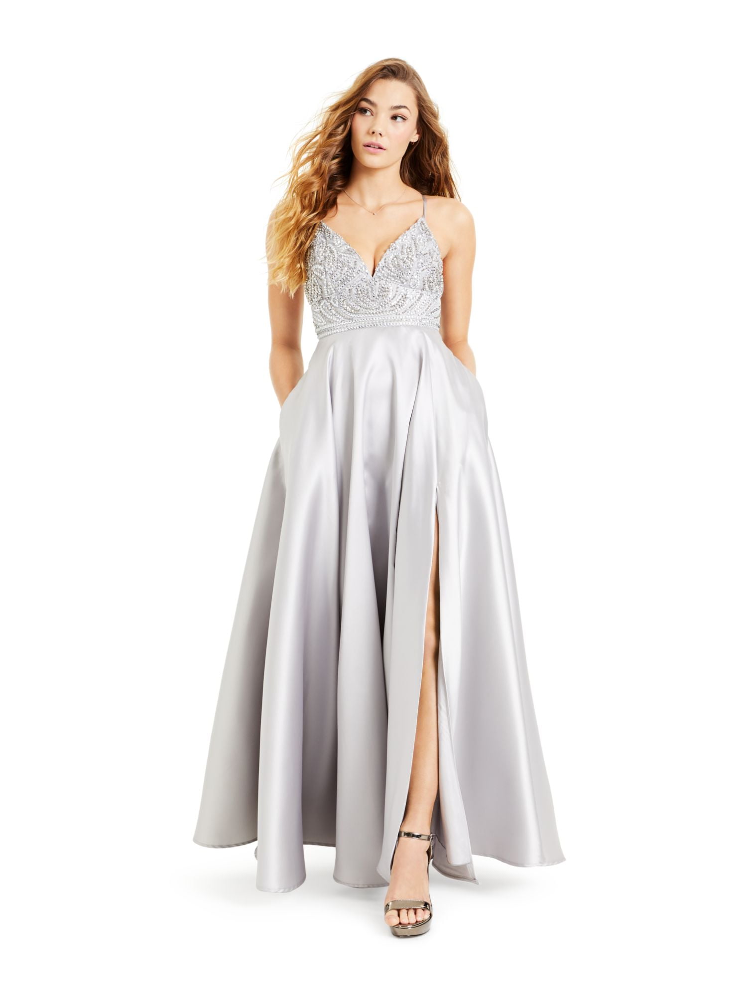 BEE DARLIN Womens Silver Beaded Pocketed Slit Gown Spaghetti Strap V ...