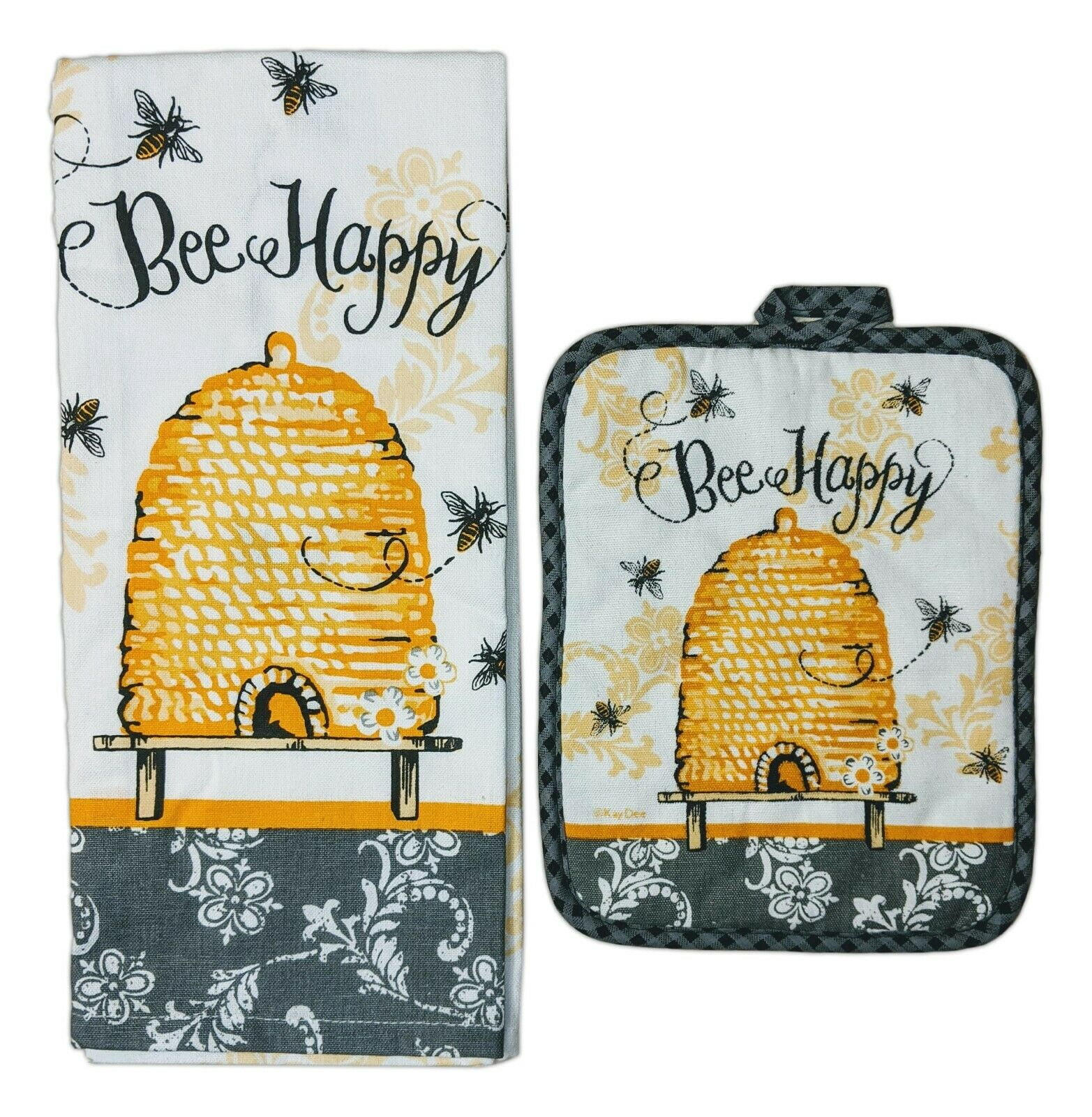 BEE HAPPY Honeybee Beehive Kitchen Tea Towel & Potholder Set, by Kay ...