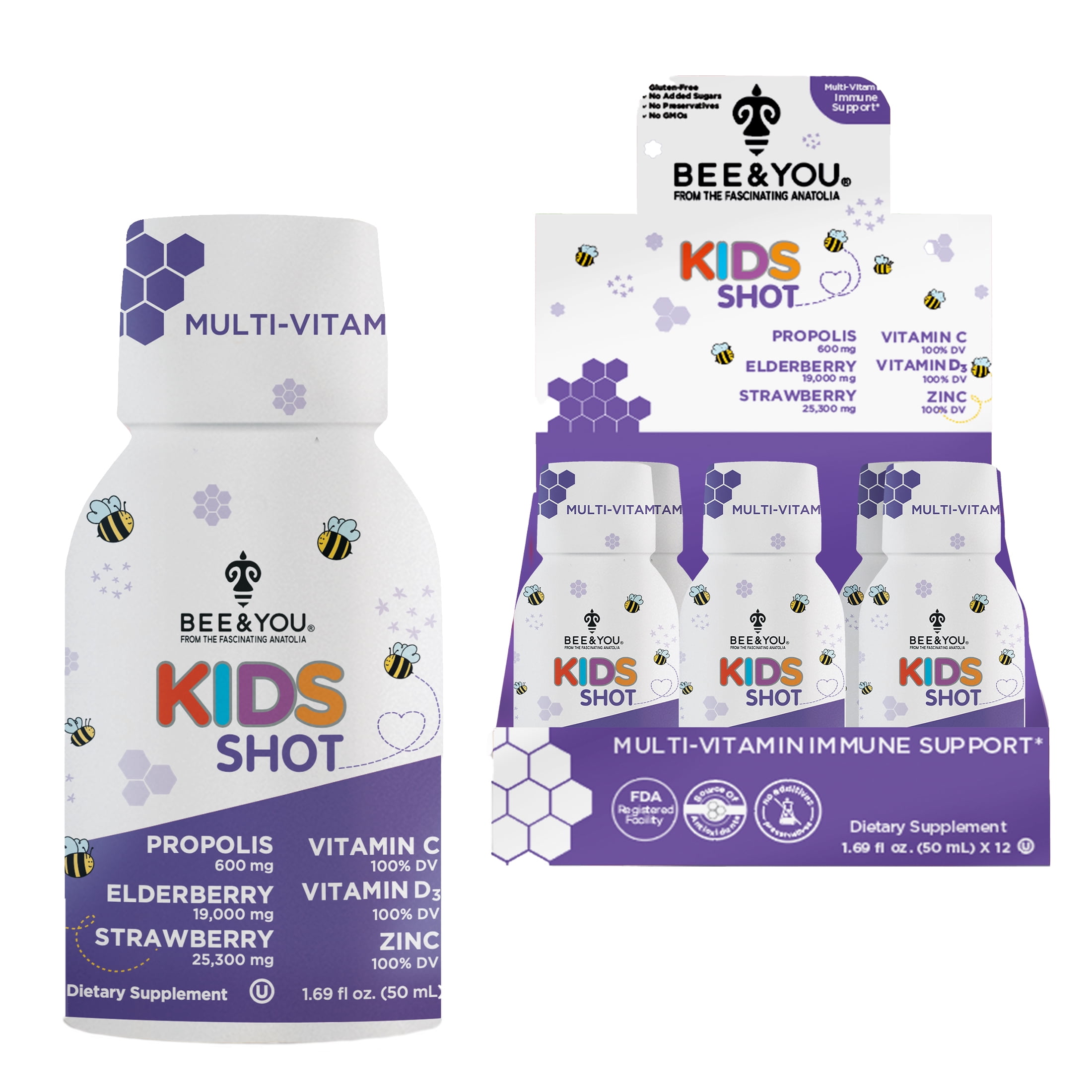 BEE and You Kids Immune Support Supplement, 100% Natural Propolis, Vitamin C, Elderberry, Raw ...