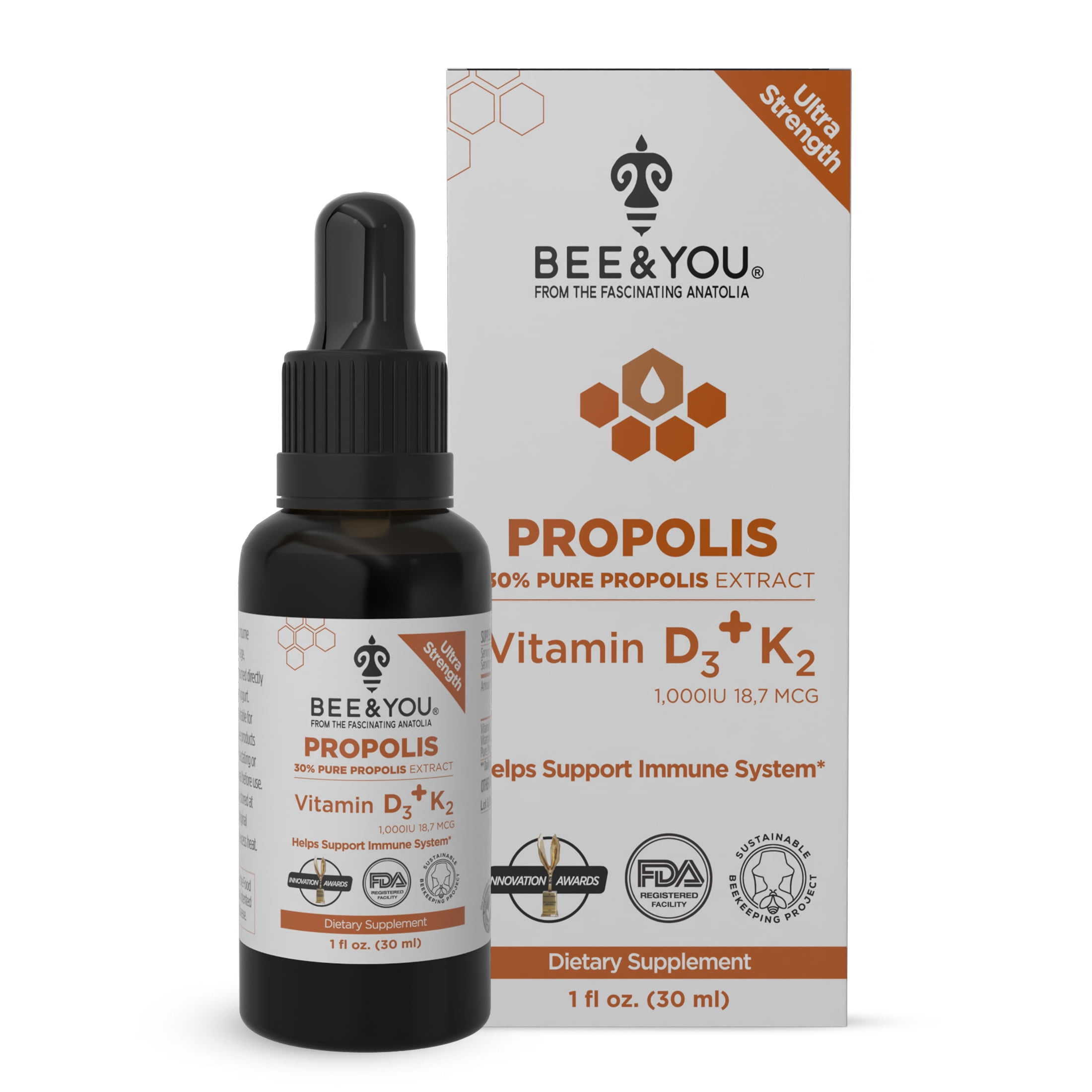 BEE and You Propolis 30% Pure Liquid Extract with Vitamins D3+K2 - Ultra Potency - Supports ...