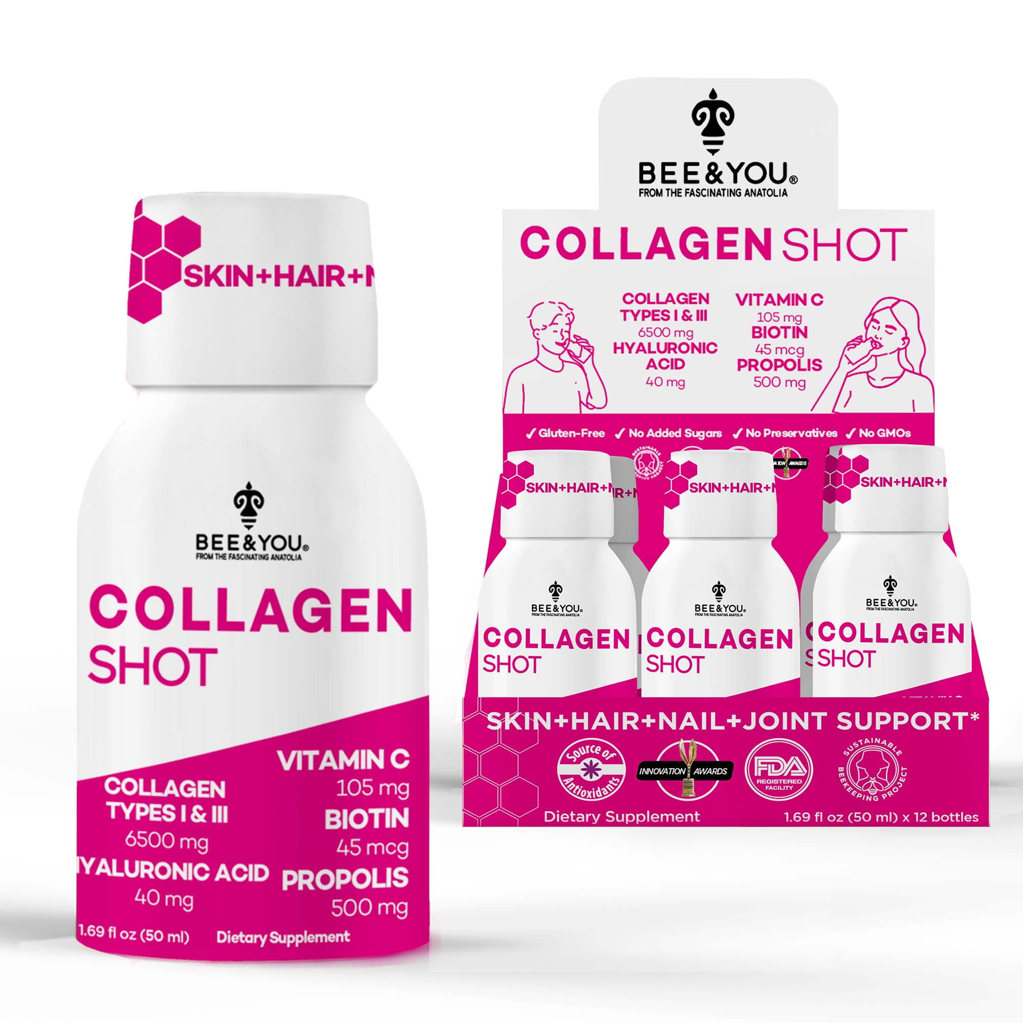 BEE & YOU Collagen Liquid Shot with Vitamin C Hyaluronic Acid Biotin ...