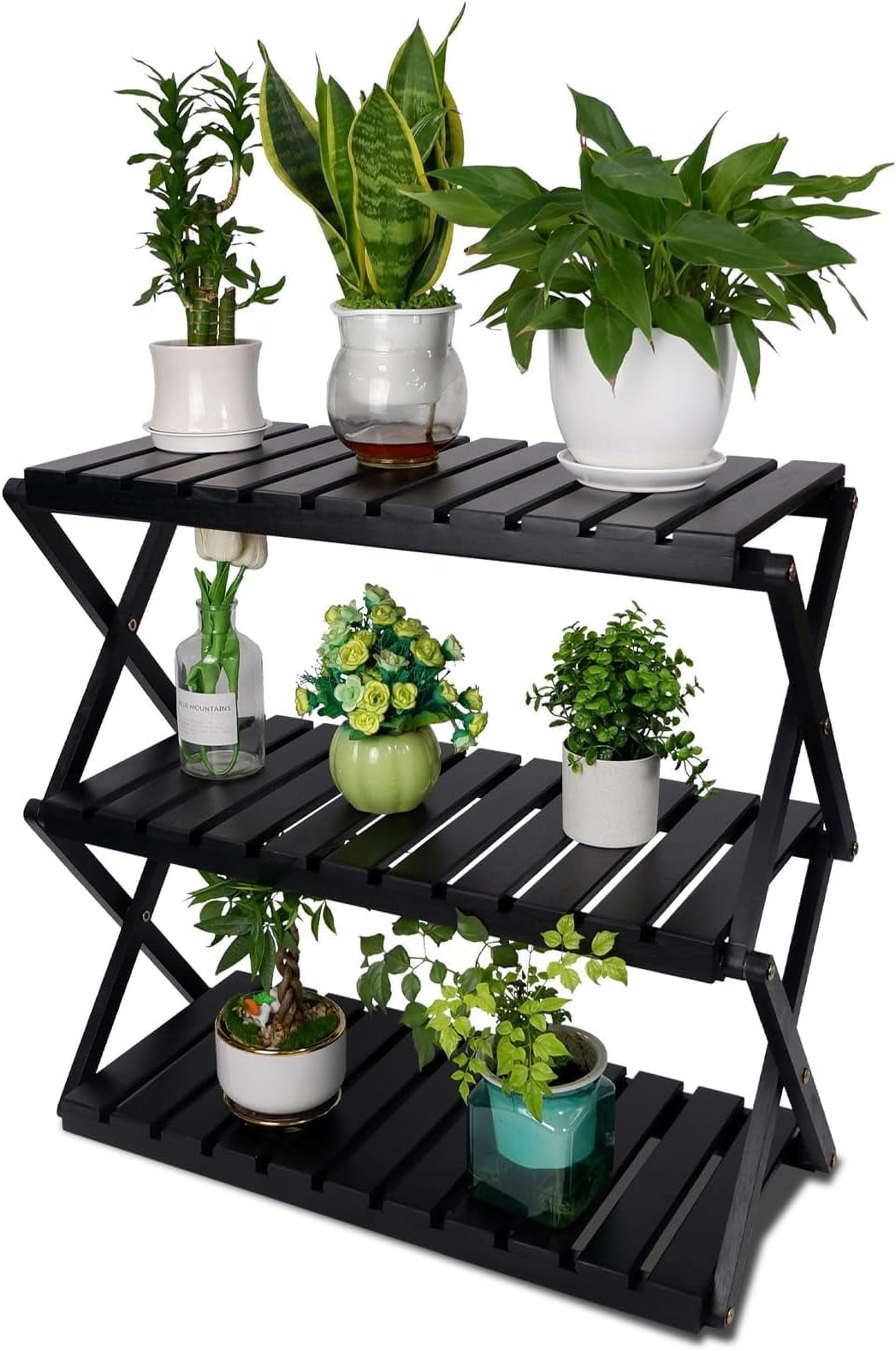 BEEFURNI Acacia Stand Indoor, Wooden Outdoor Planter Stand, 3 Tier ...